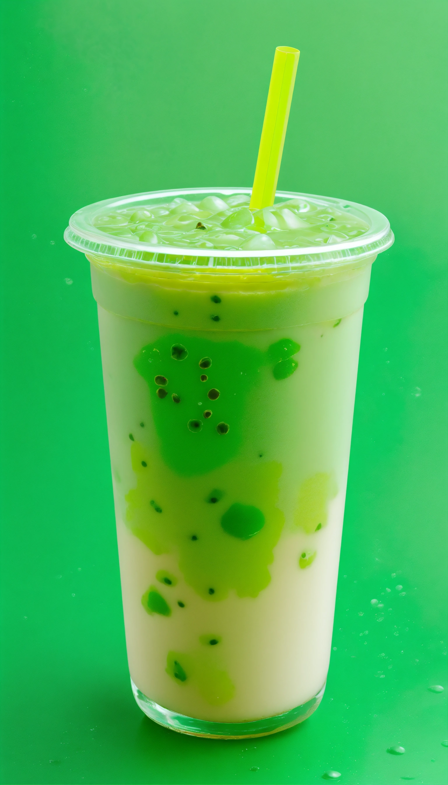 Lexica - Floating green boba tea. A lot of bobas. Stickers on cup ...