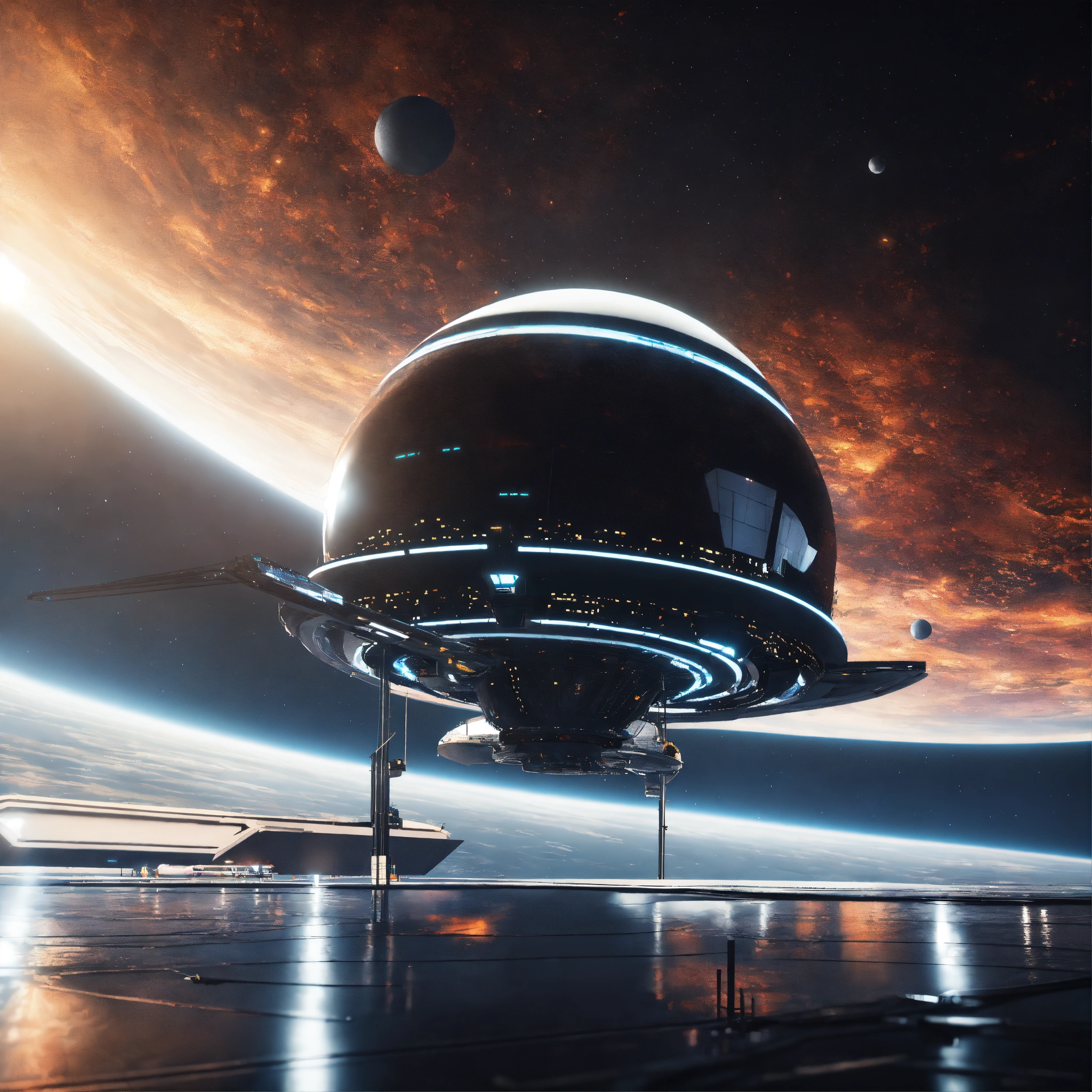 Lexica - Black space yacht docking at a beautiful white spinning top ...