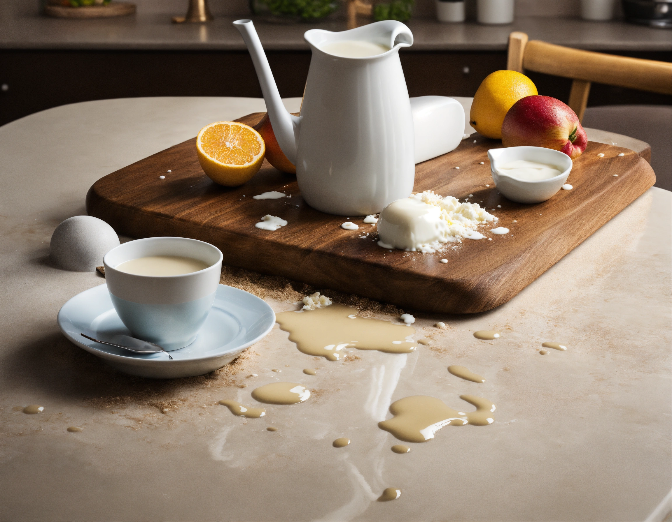 Lexica - Luxury modern kitchen table, countertop with spilled milk puddle