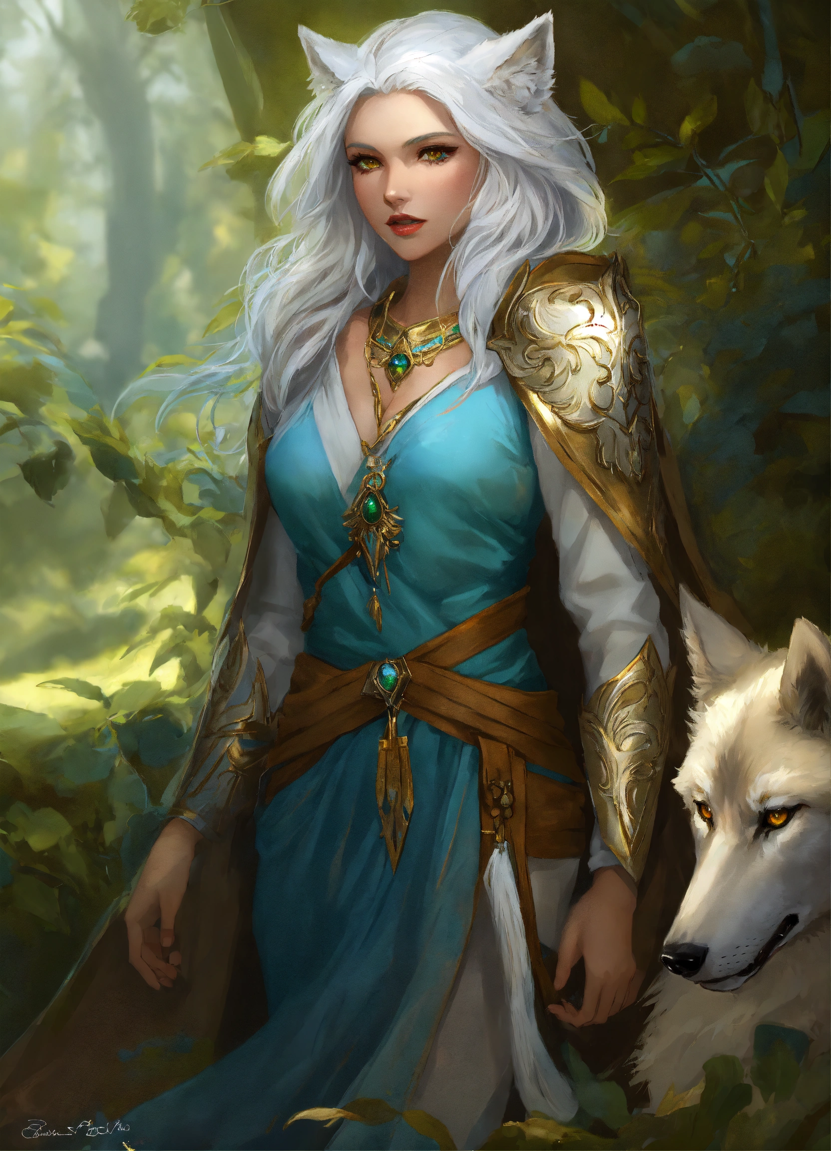 Lexica - Aasimar, female, Druid, gold eyes, white hair, blue-green skin ...