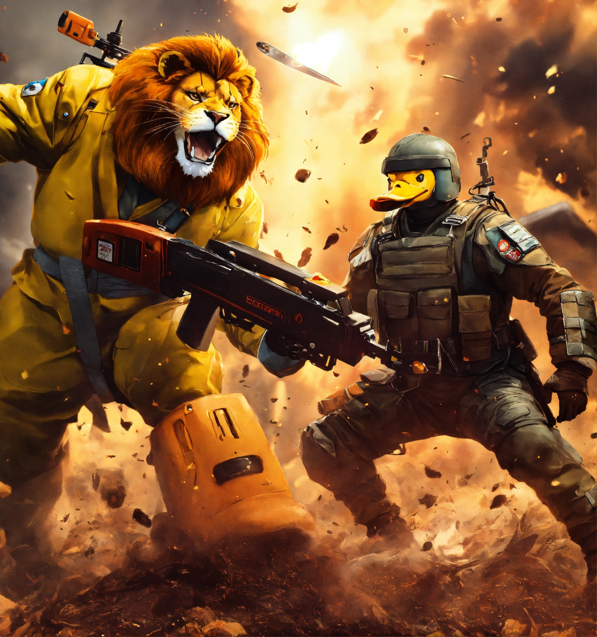 Lexica - Anime humanoid lion soilder fighting with a chainsaw in his ...