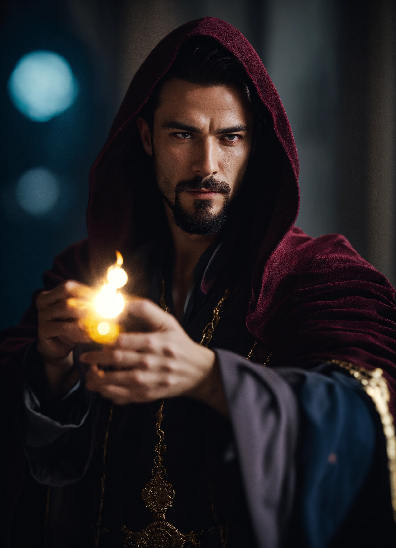 Lexica - Dark medium hair, french goatee, wizard robes, snapping ...