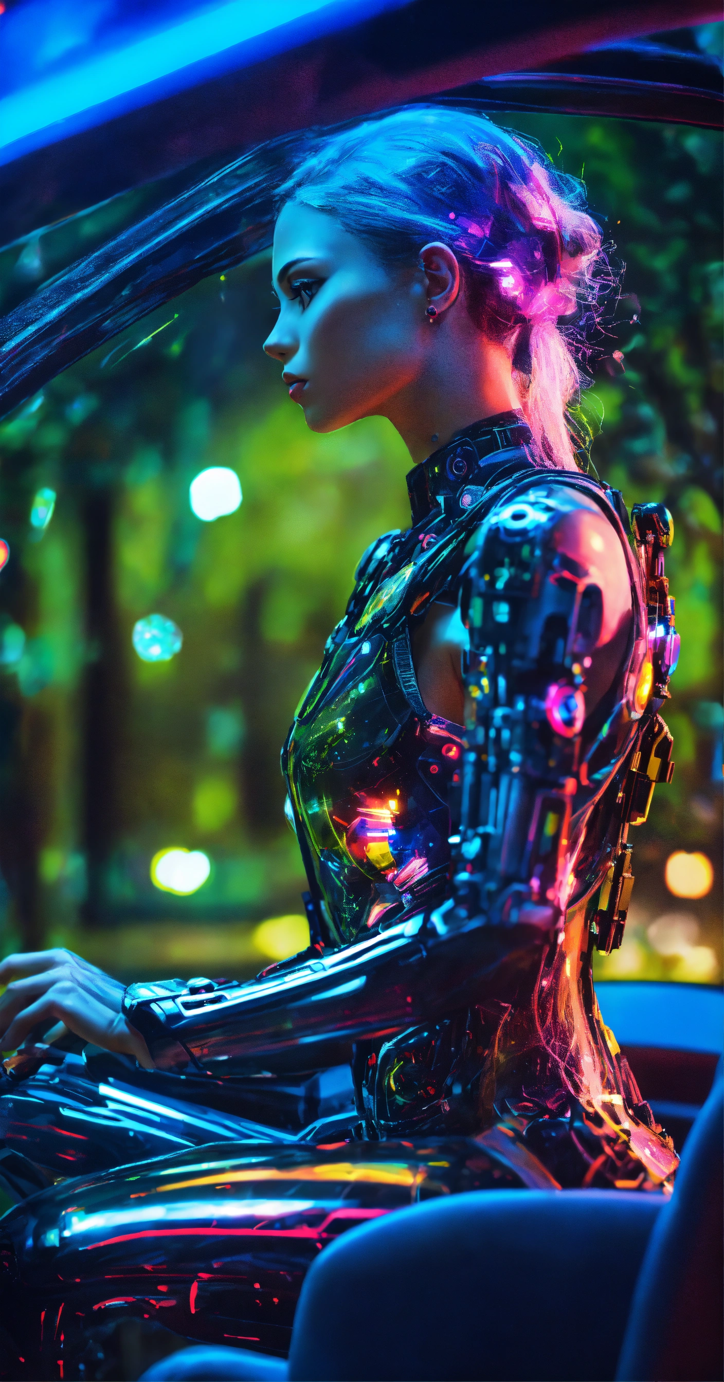 Lexica - Beautiful female cyborg in a neon smoke dress stuck in a glass ...