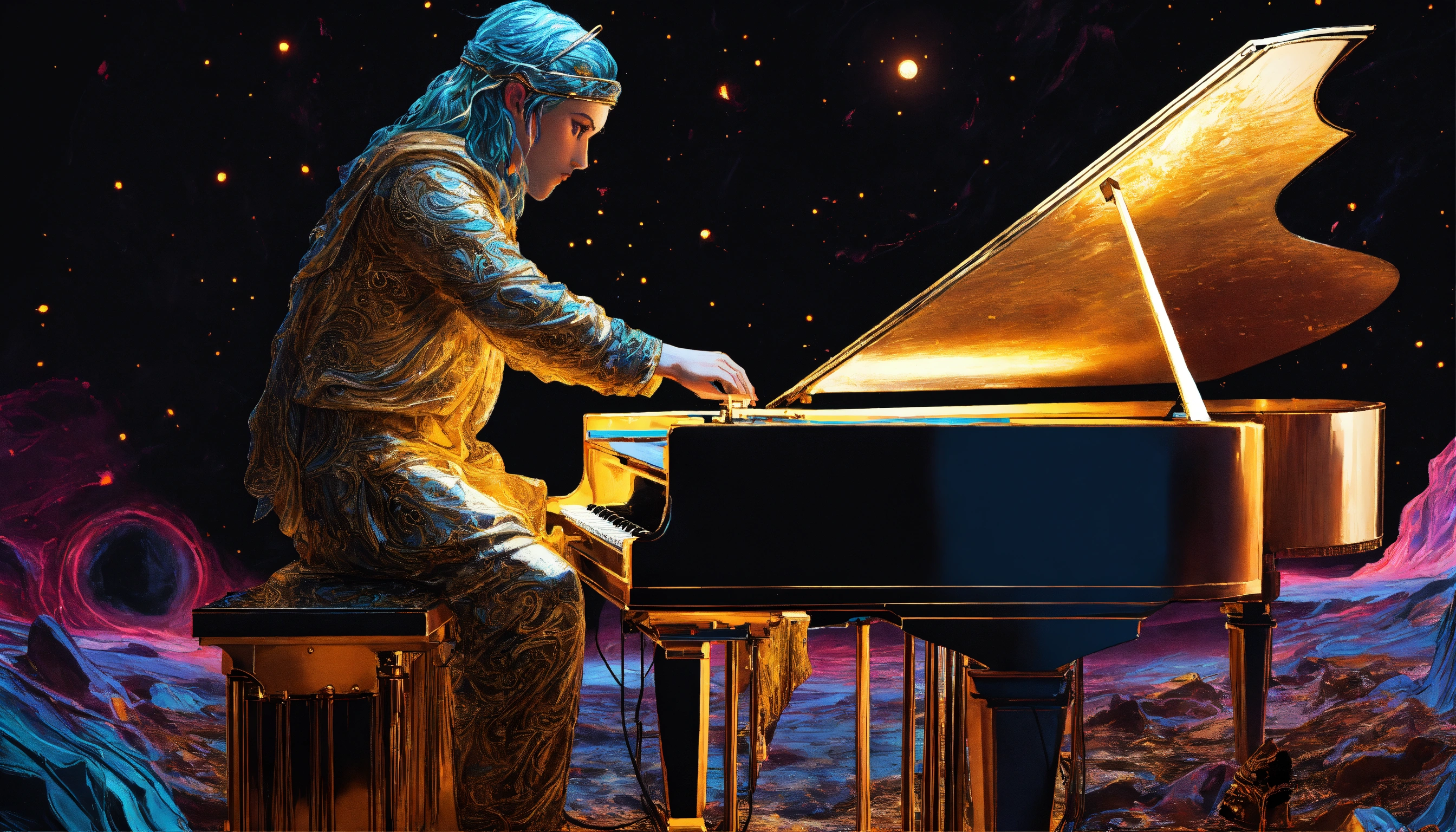 Lexica - Side profile of a wizard playing a piano on the moon. Piano is ...