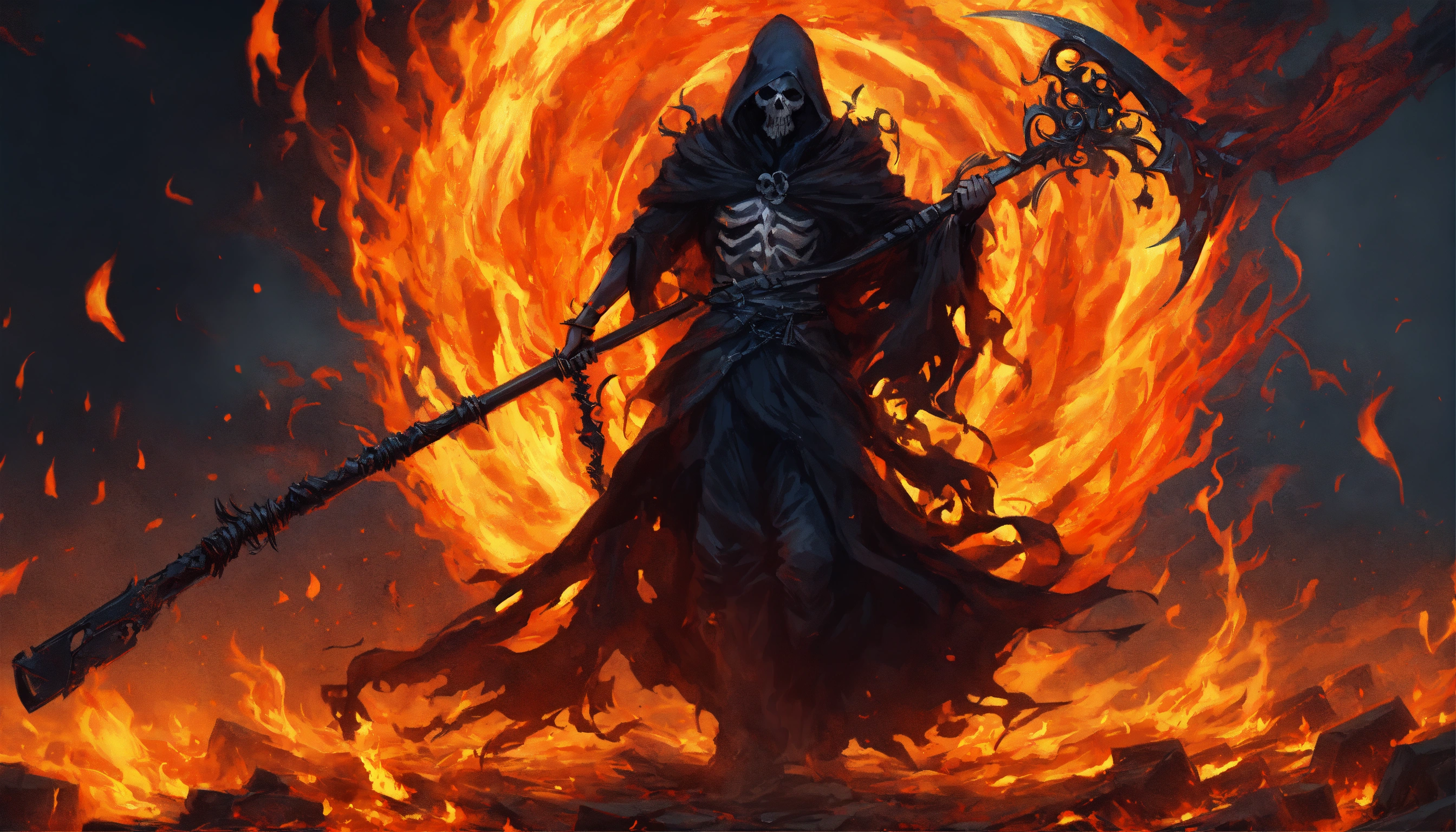 Lexica - Menacing grim reaper with flaming scythe, tattered flowing ...