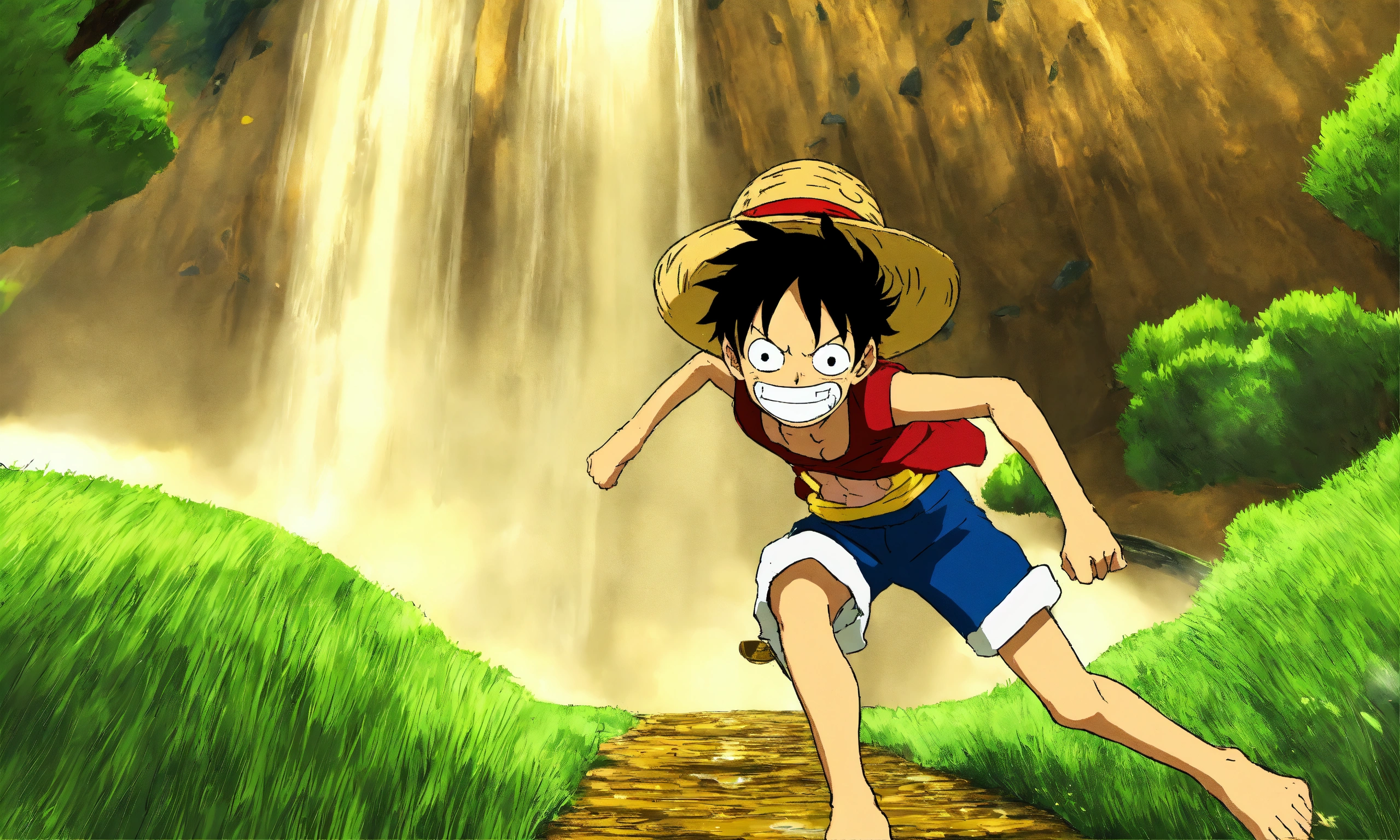 Lexica - Monkey D. Luffy running after a waterfall thats running from him