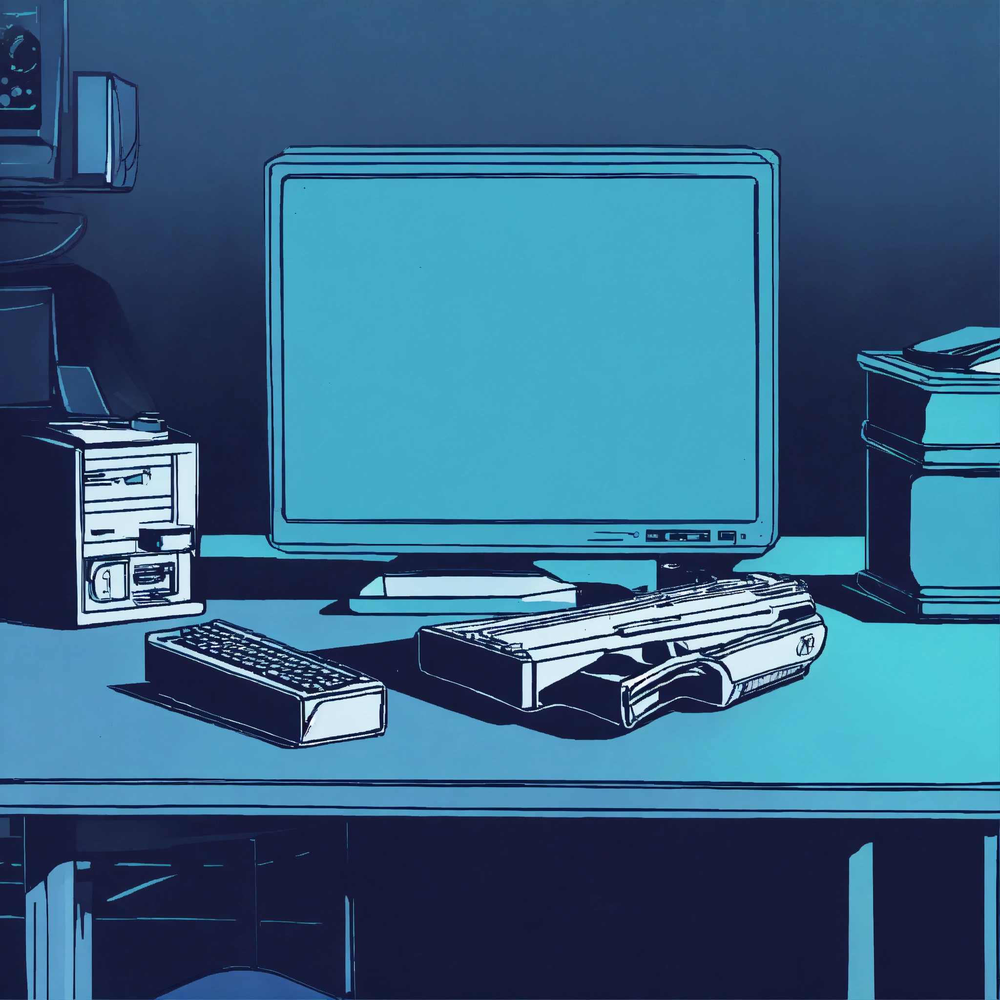 Lexica - Crime screen gun on table, computer lineart moody blue simple