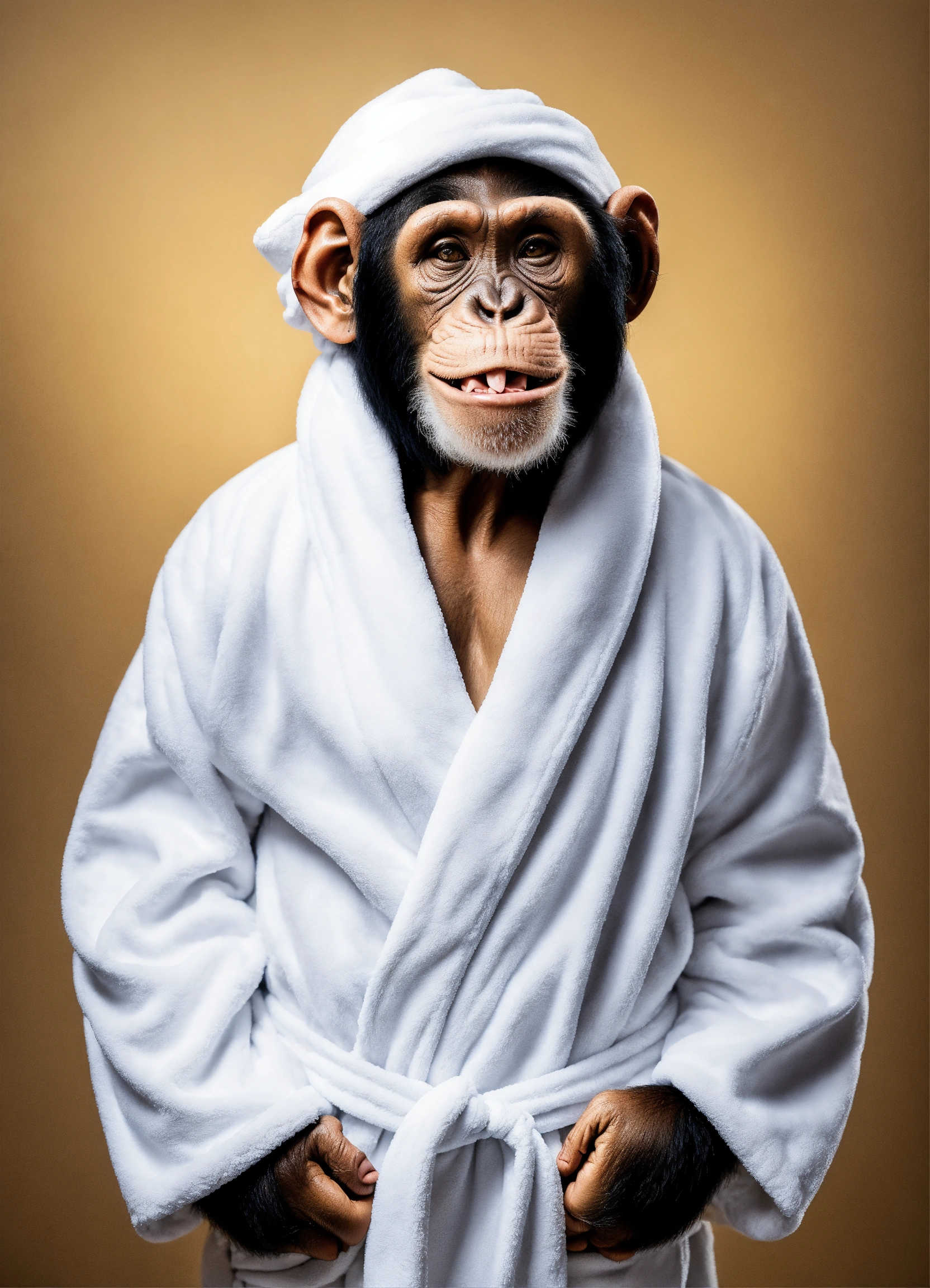 Lexica - Happy chimp qui tire la langue wearing white bath turban ...