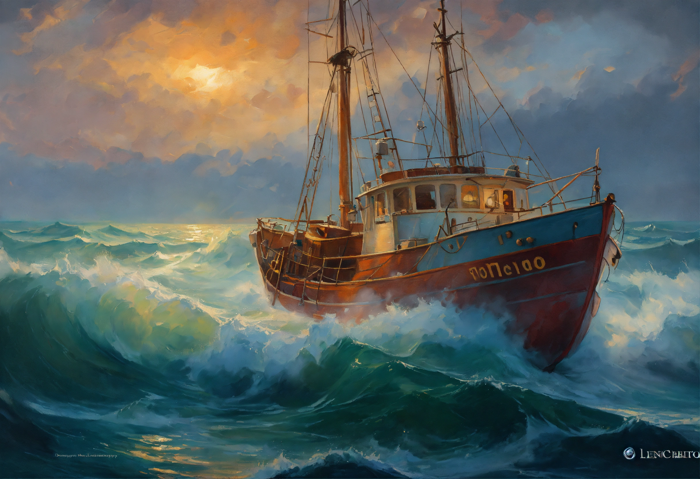 Lexica - Create a painting of a steam fishing trawler on a stormy ocean, high waves, painting by ...