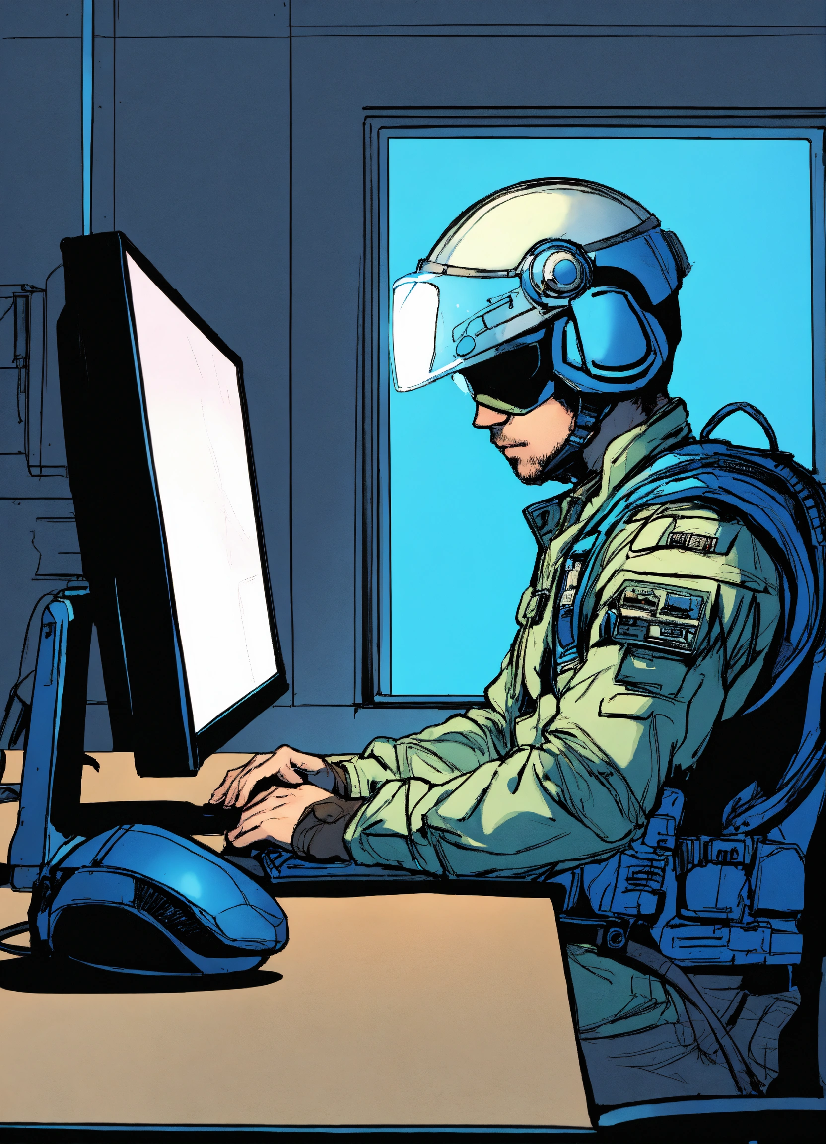 Lexica - A comic drawing Man sitting in front of a computer with a blue ...