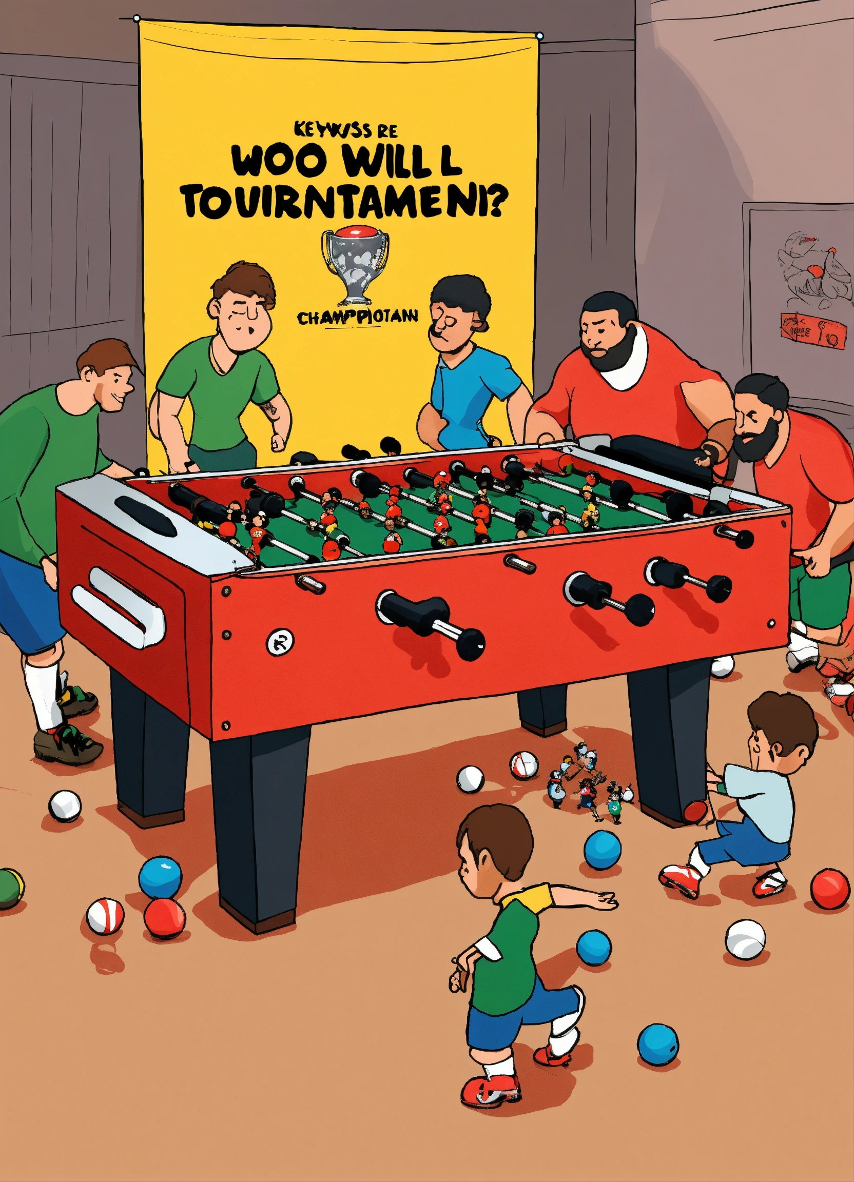 Lexica - Cartoon showing two teams of foosball players in action, one ...