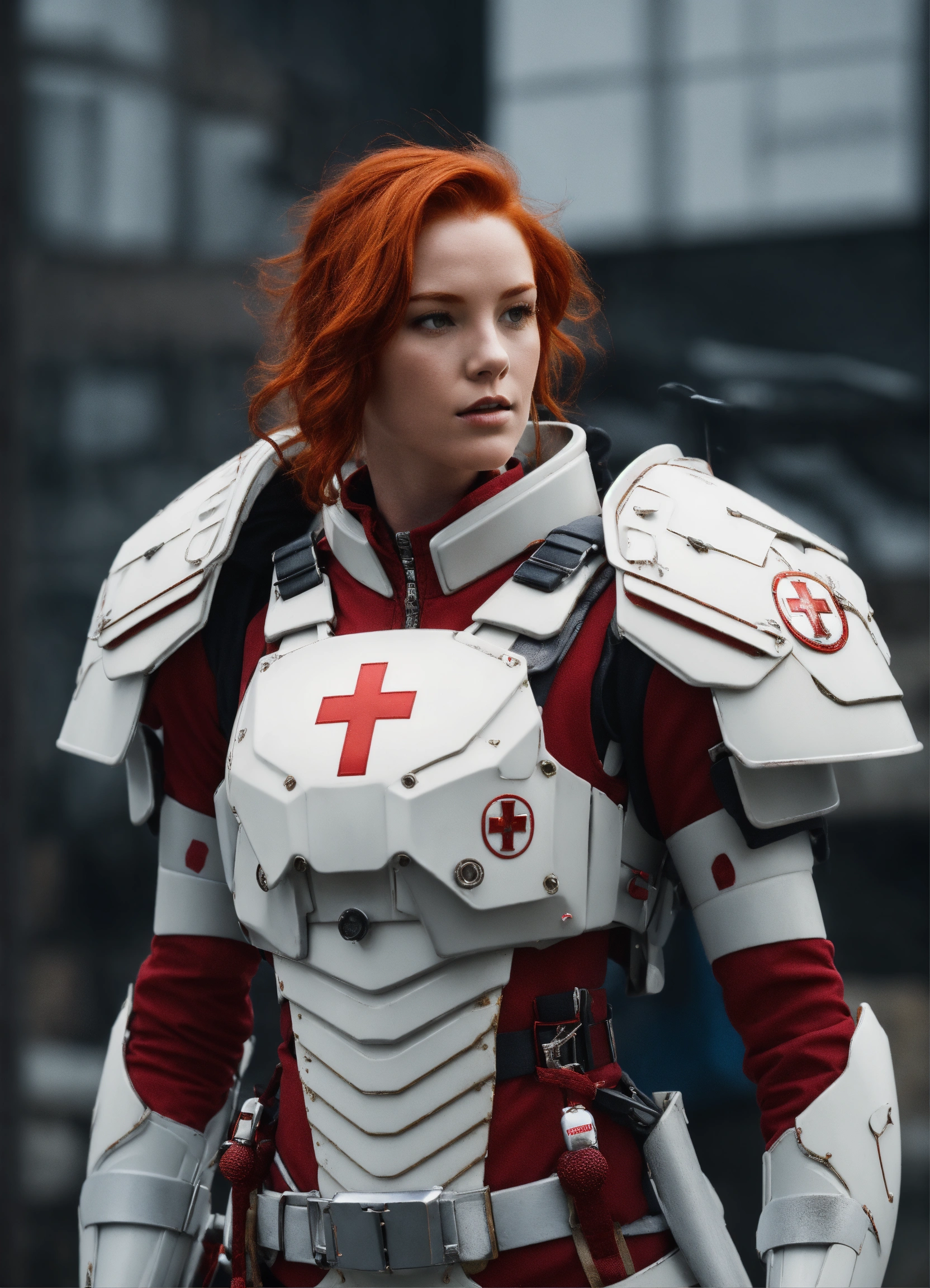 Lexica - Female red hair athletic wearing white metal armor with red ...