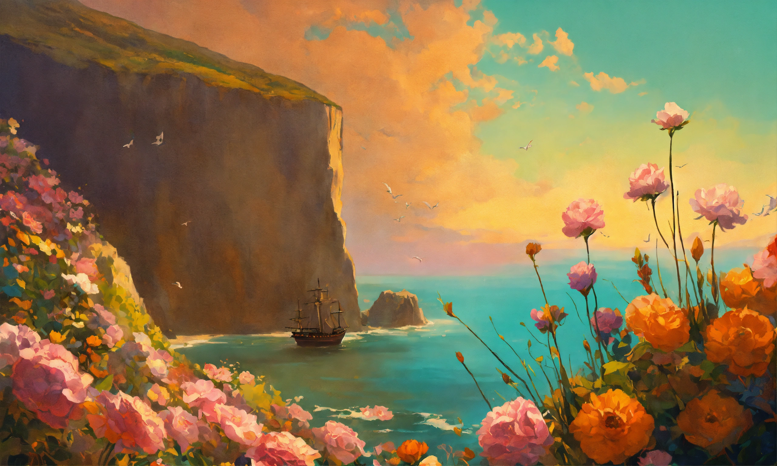 Lexica - Pulp cover, dreamlike atmosphere, flowers on a cliff above the ...