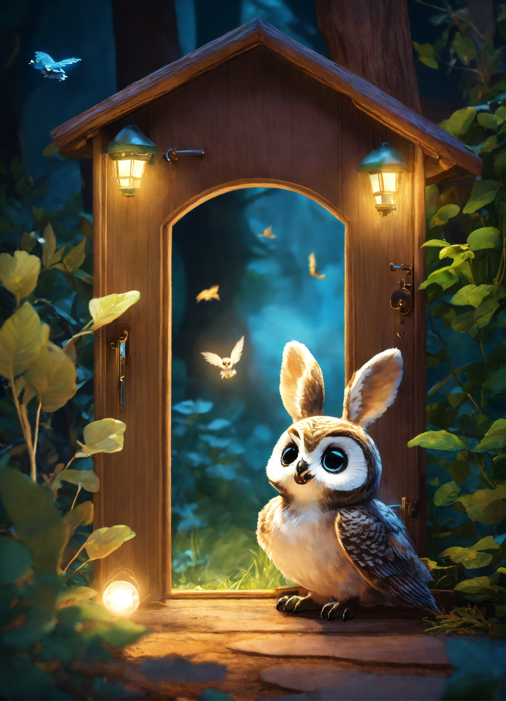 Lexica - The image must have luna the owl flying rabbit raccoon and owl ...