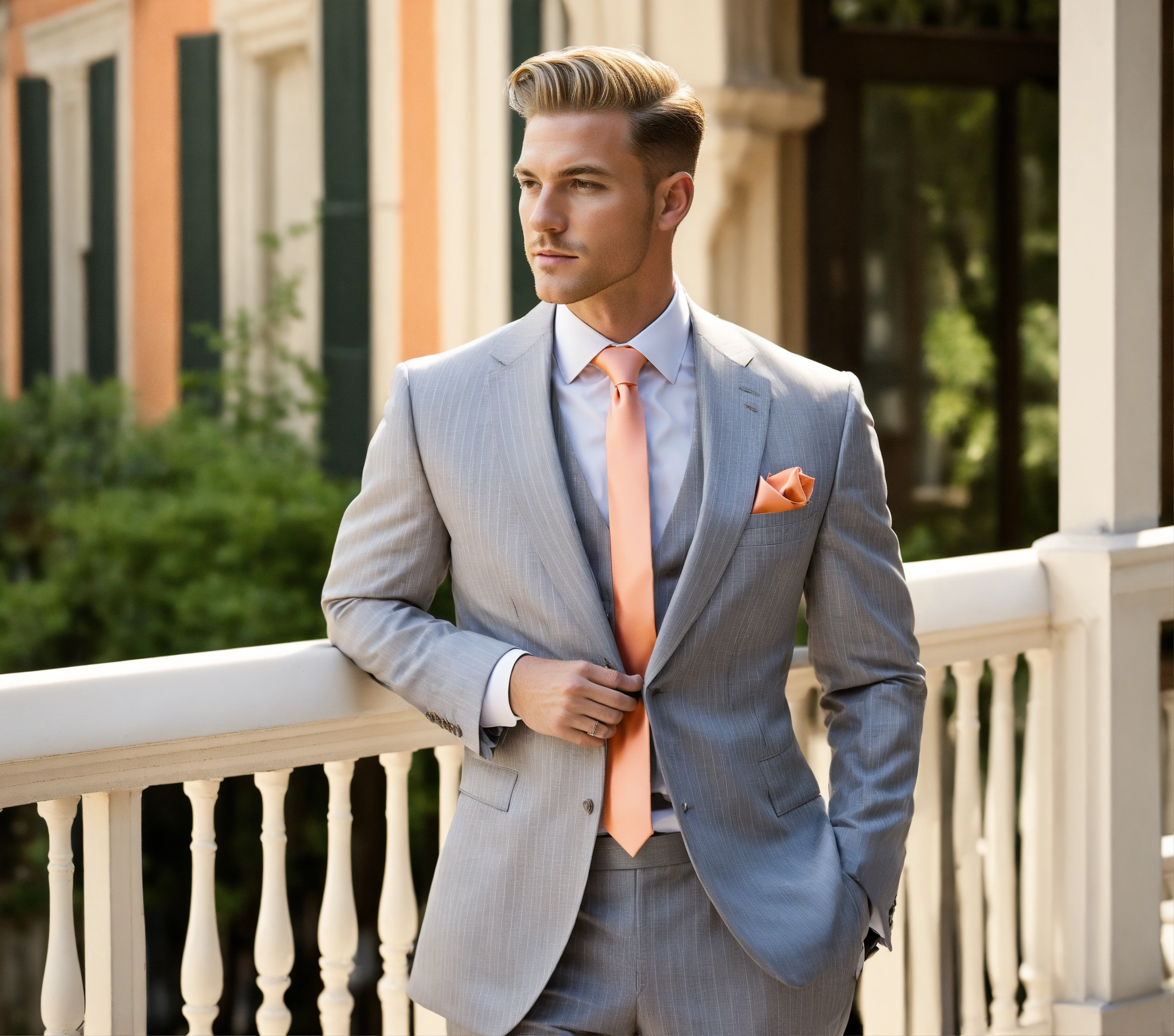 Lexica - A blonde male banker, light grey pinstripe vested suit, peach ...