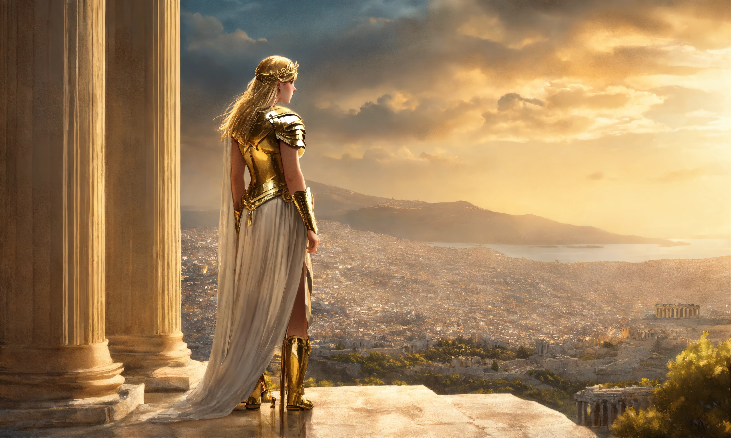 Lexica - Greek goddess Athena with blonde hair, gold armor, from behind ...