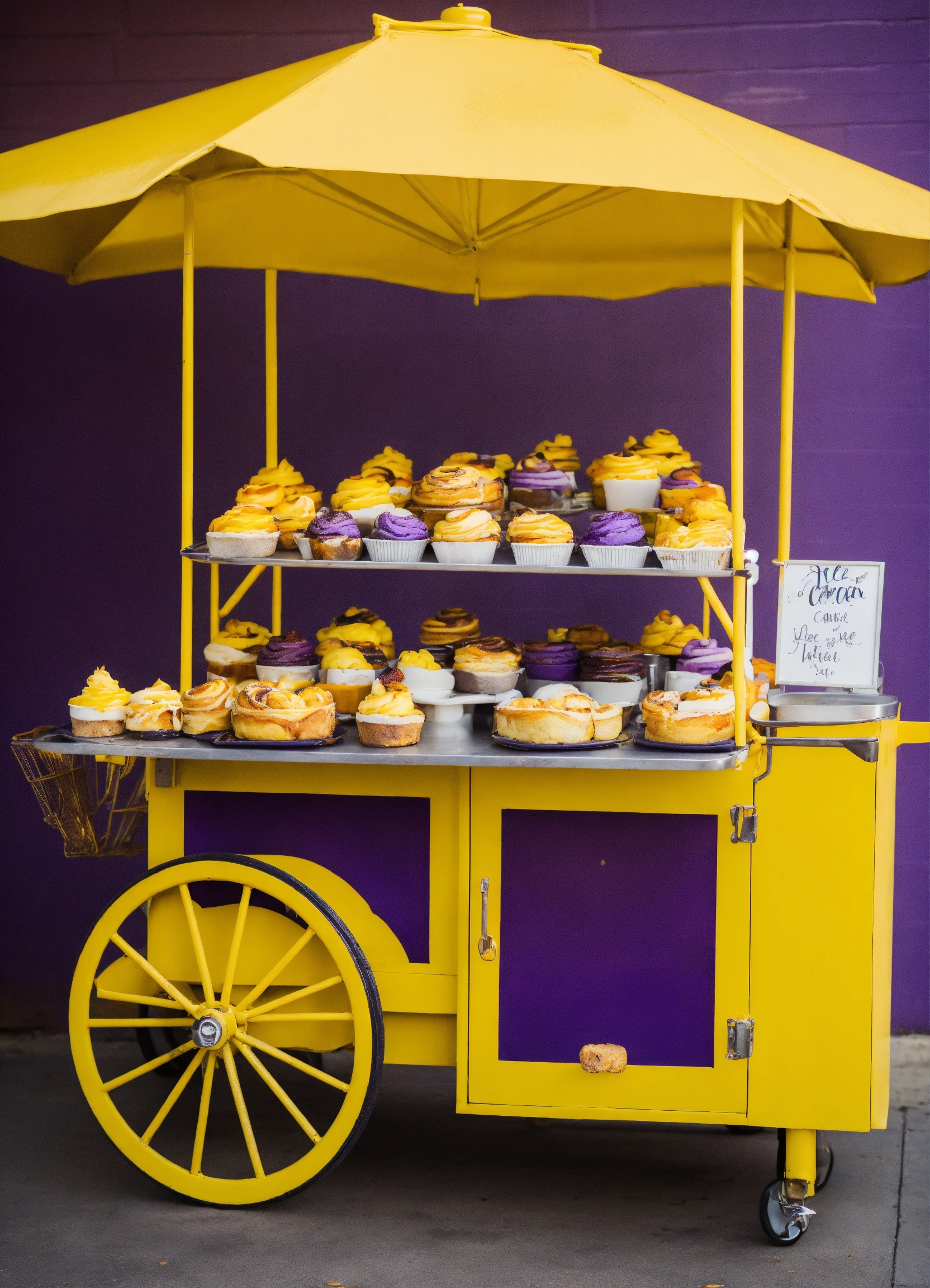 Lexica - Eye catching yellow and purple cinnamon roll cart with photo ...