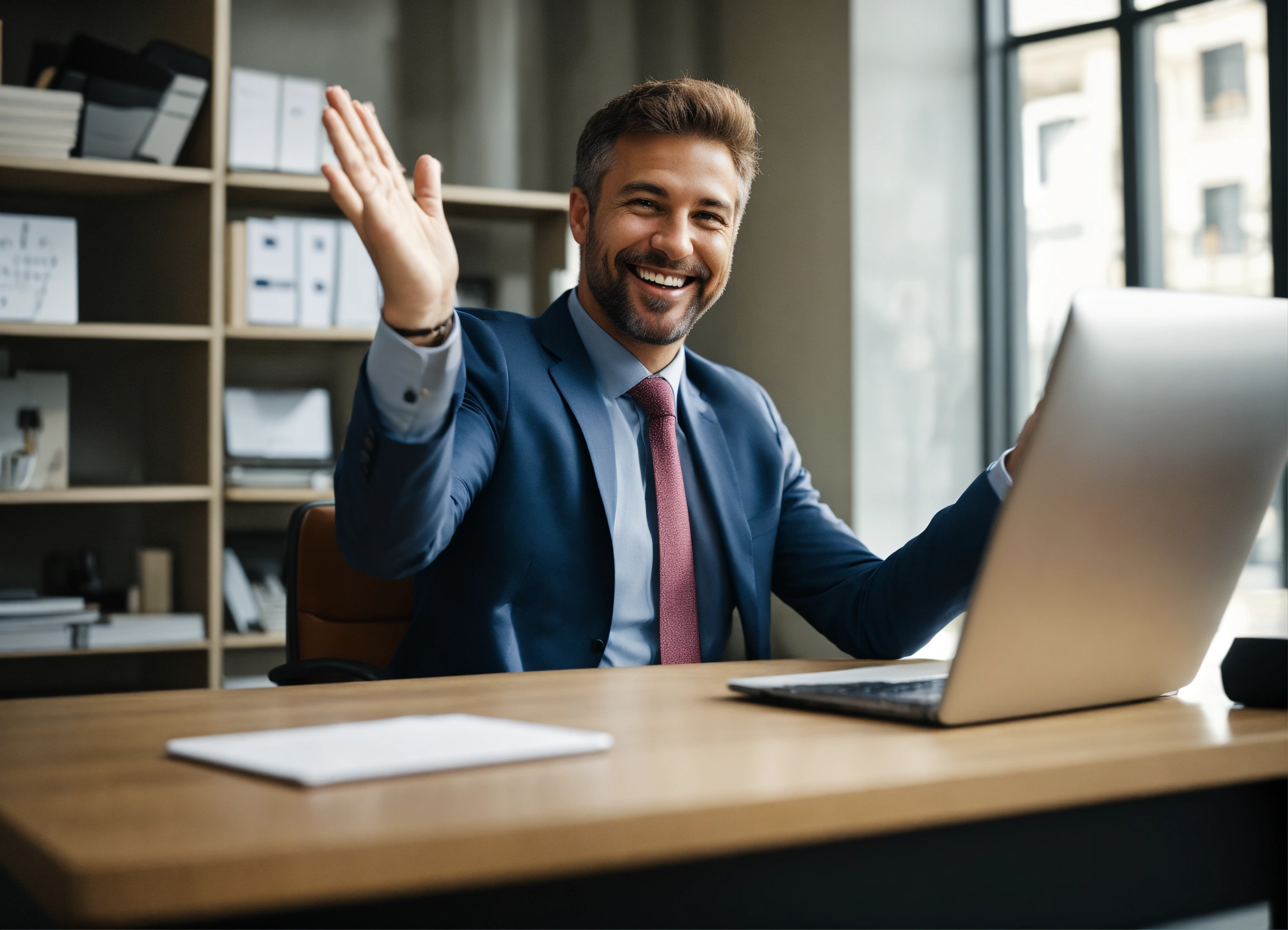 Lexica - Caucasian boss smiling sitting at a desk showing high five