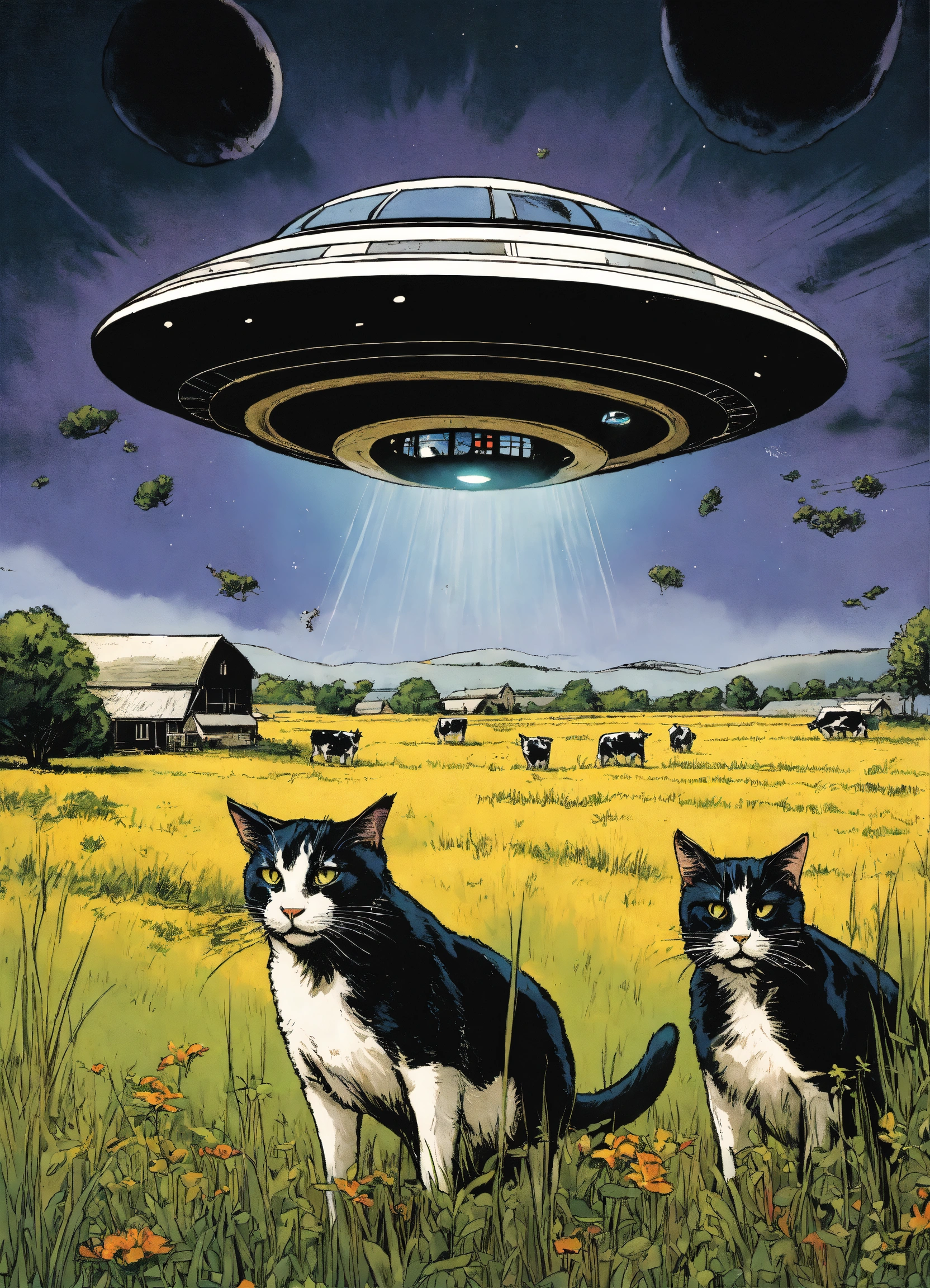 Lexica - Dramatic comic book poster. scared cat up close, in background ...