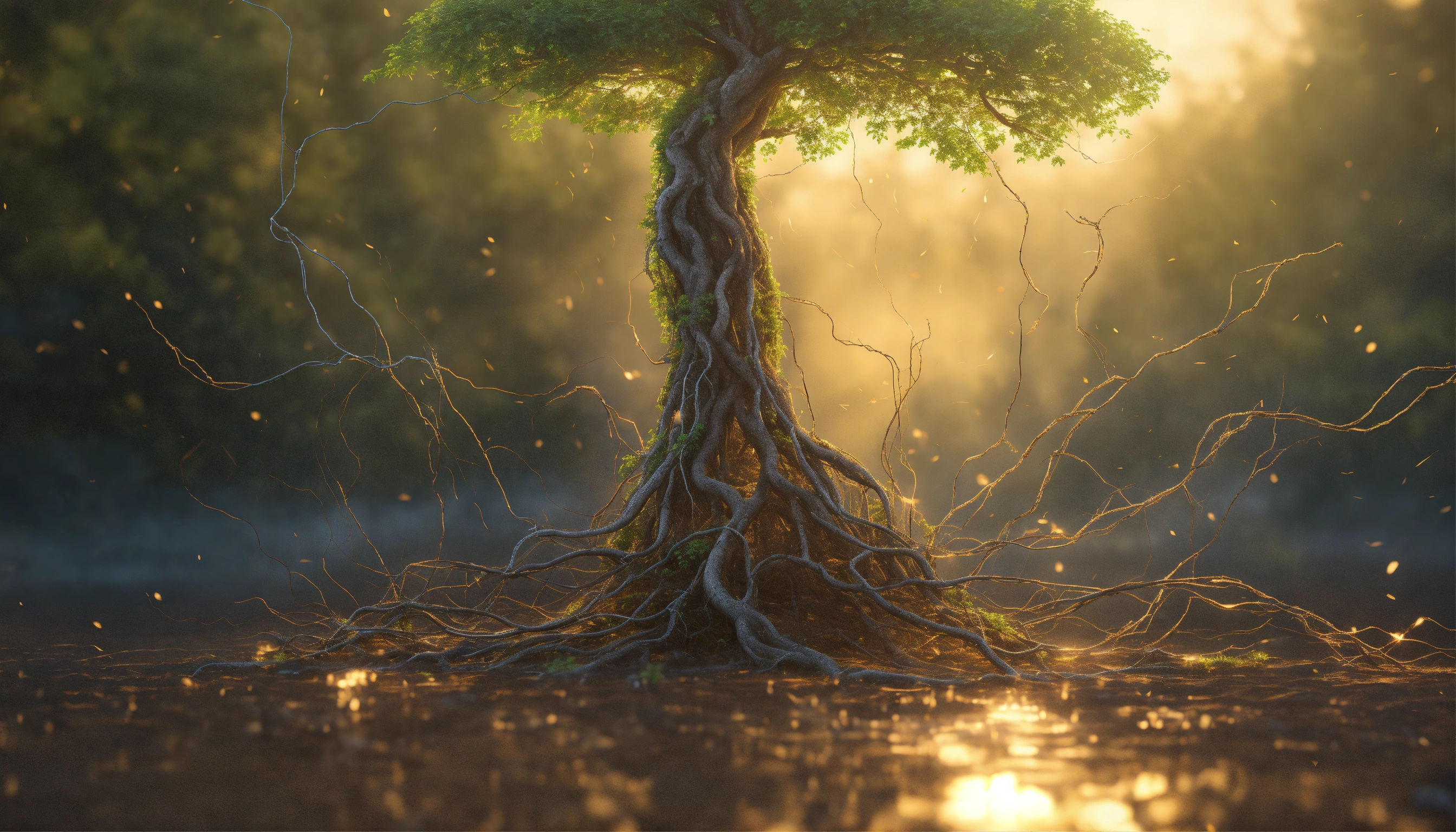 Lexica - Unrealistic tree roots made of electricity floating in the air ...