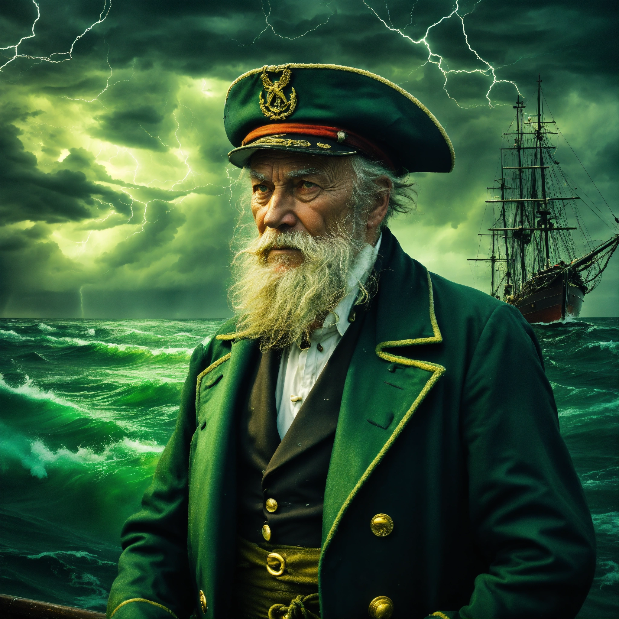 Lexica - Determined old sea captain, weathered face, steering his ship ...