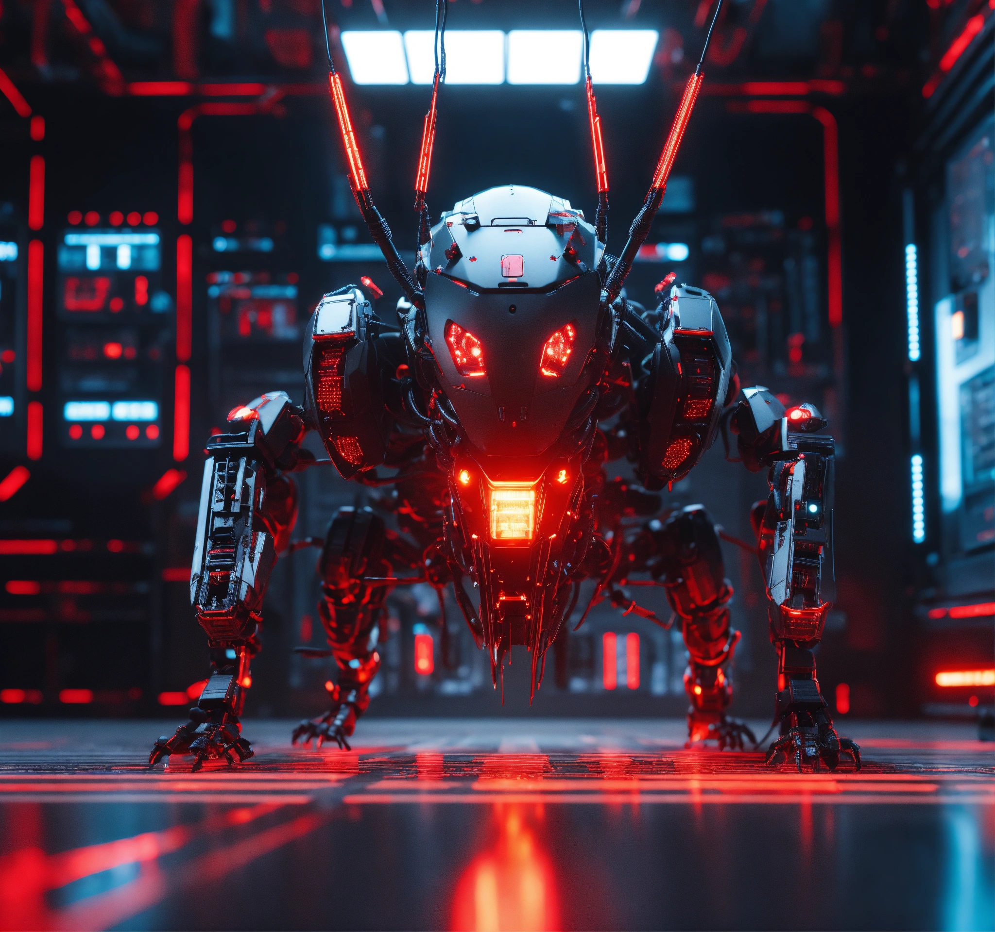 Lexica - Zoom out of black cockroach faced humanoid with red glowing ...