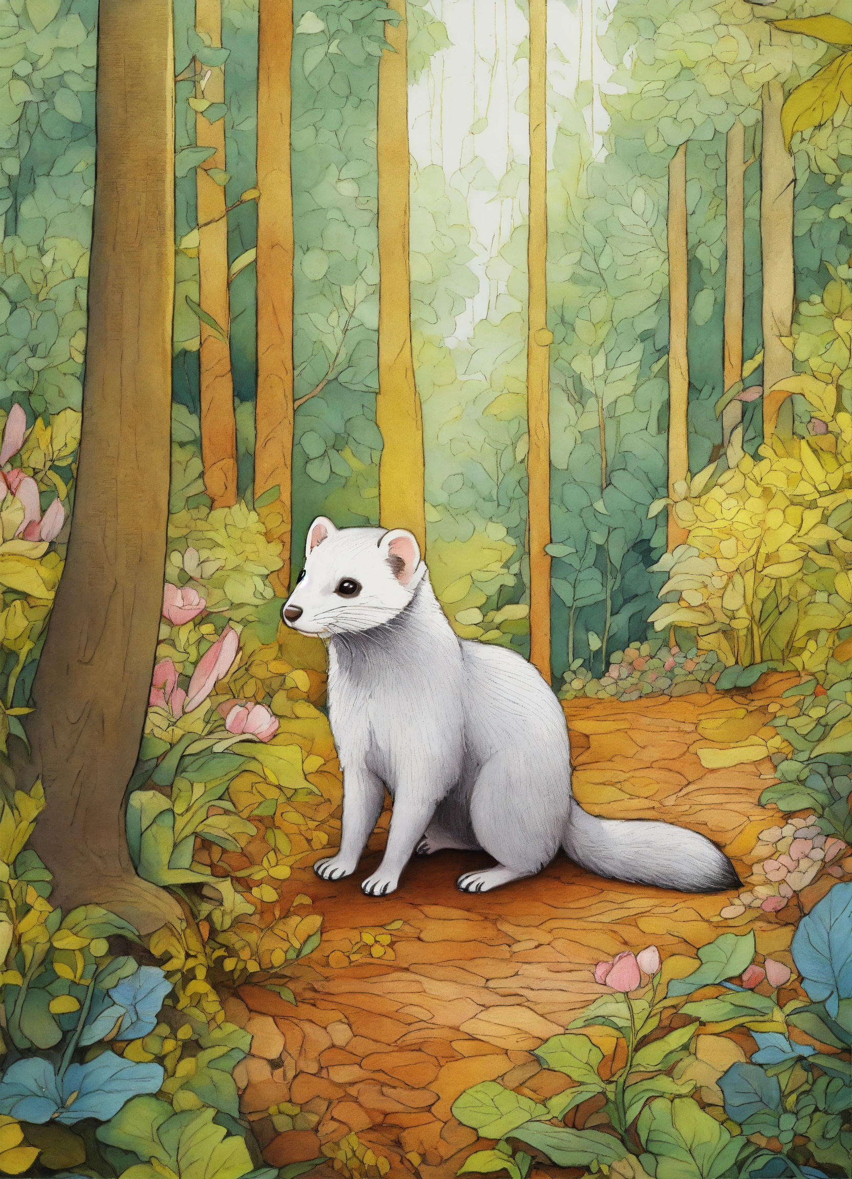 Lexica - German traditional art drawing a ferret in a forest. Line ...