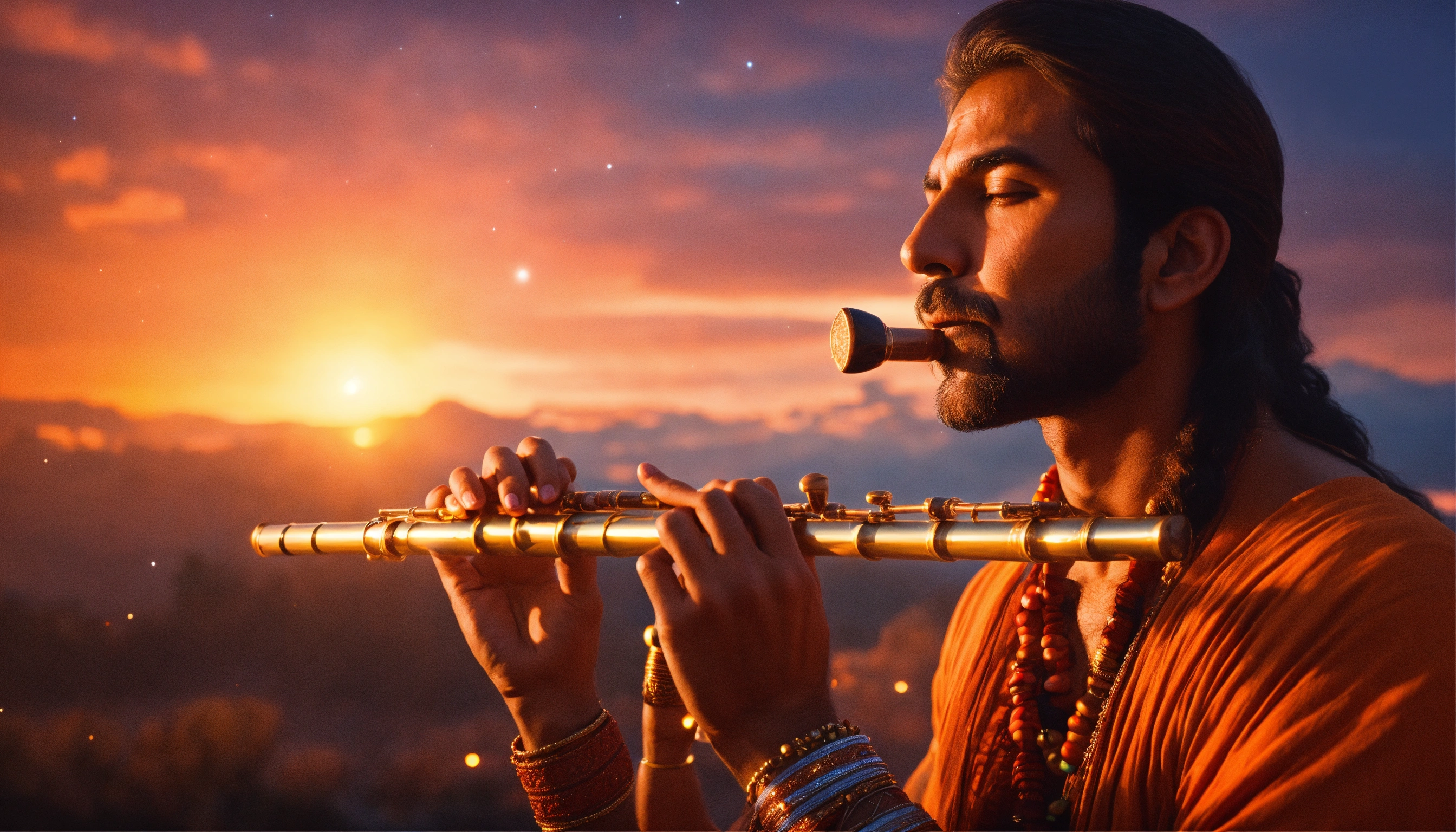 Lexica - A handsome man playing indian flute, bright universe, bright ...