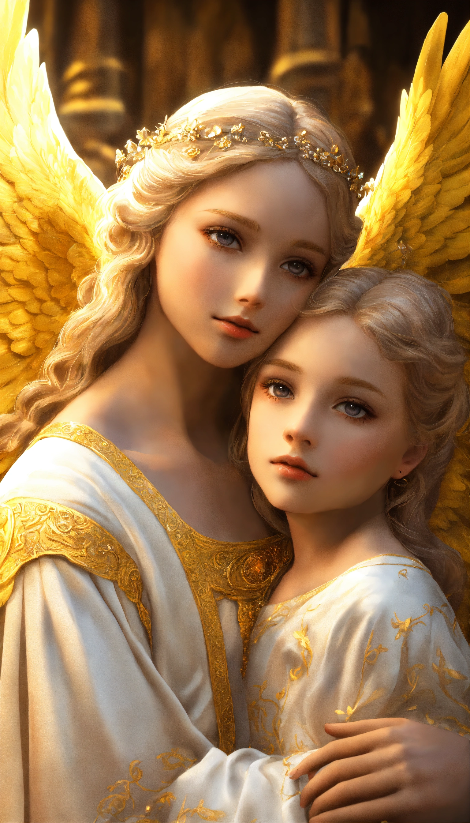 Lexica - 2 Guardian angel hugging a pretty and defined little angel ...