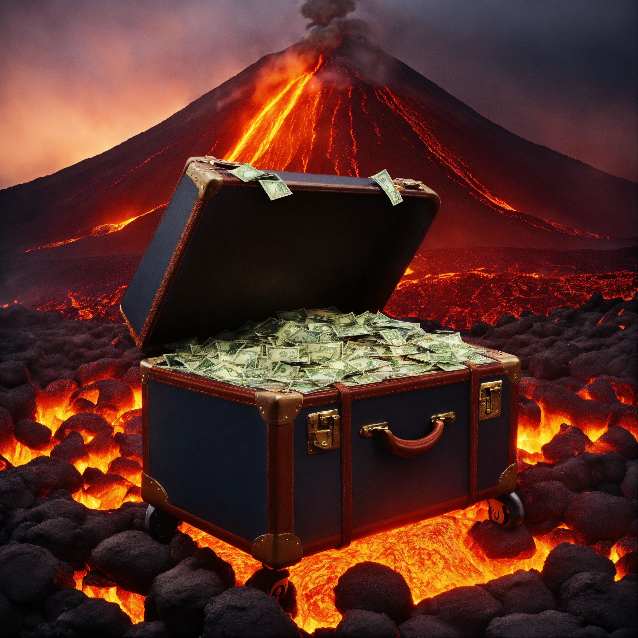Lexica - A suitcase full of money lies in the lava of a volcano.