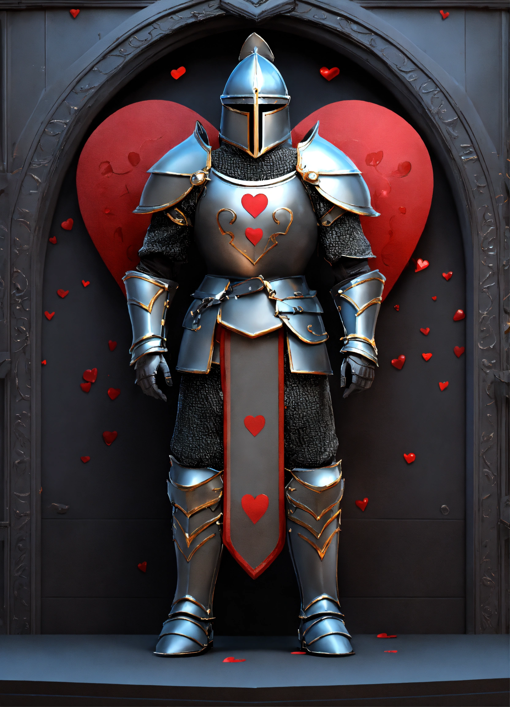 Lexica - Tall bulky knight in dark gray armor with heart shaped ...
