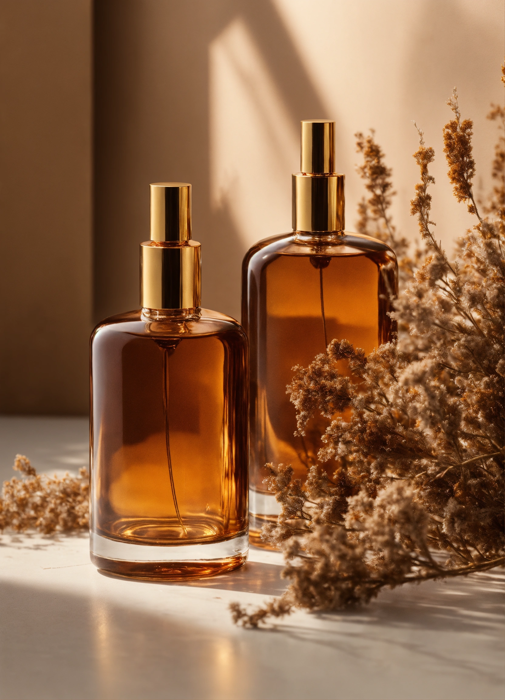 Lexica - Product photography of 3 brown glass cologne bottles with gold ...