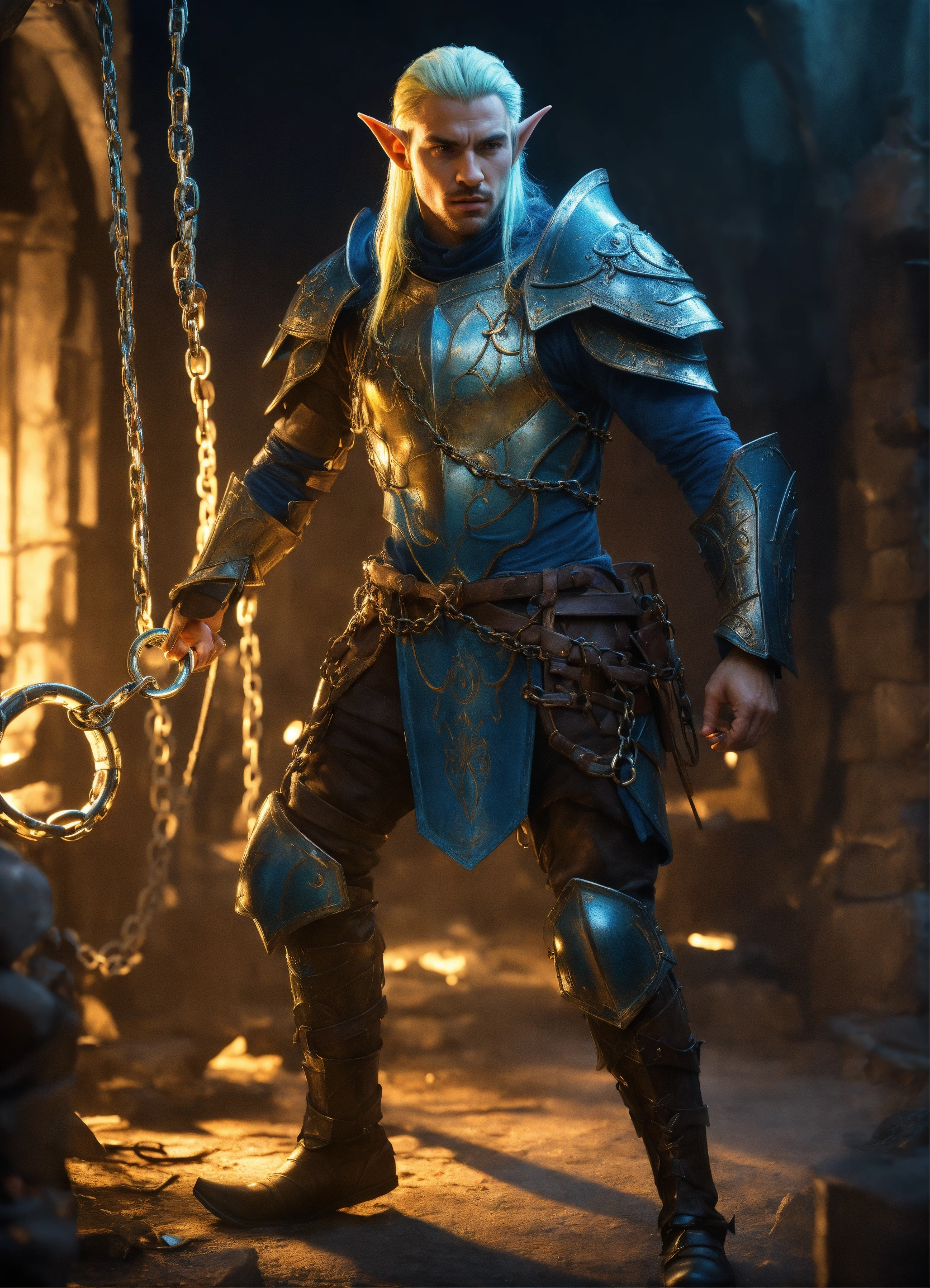 Lexica - Full body strong handsome god elf chained by enemies chained ...