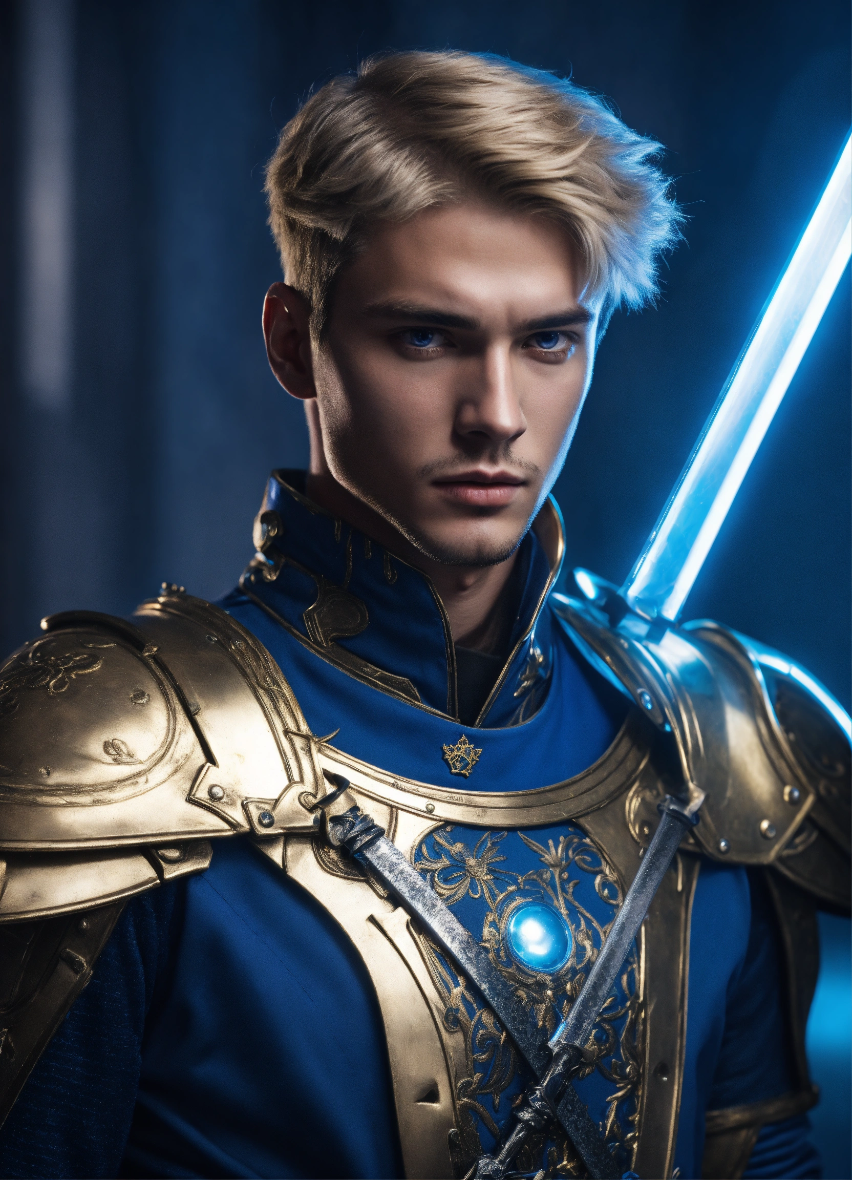 Lexica - Young blode male noble in futuristic blue uniform with steel ...