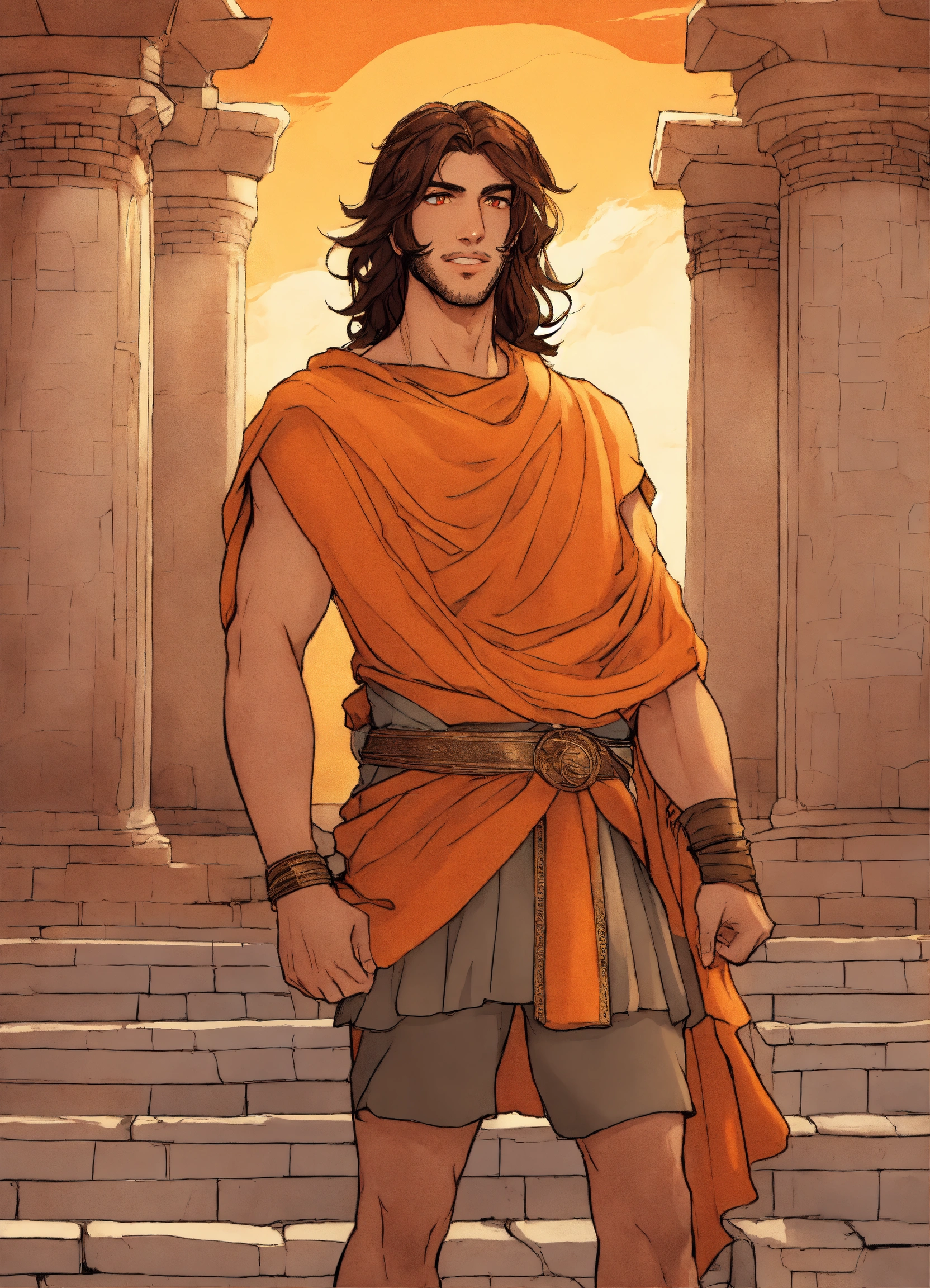 Lexica - A brown haired greek guy with orange eyes at a greek castle ...