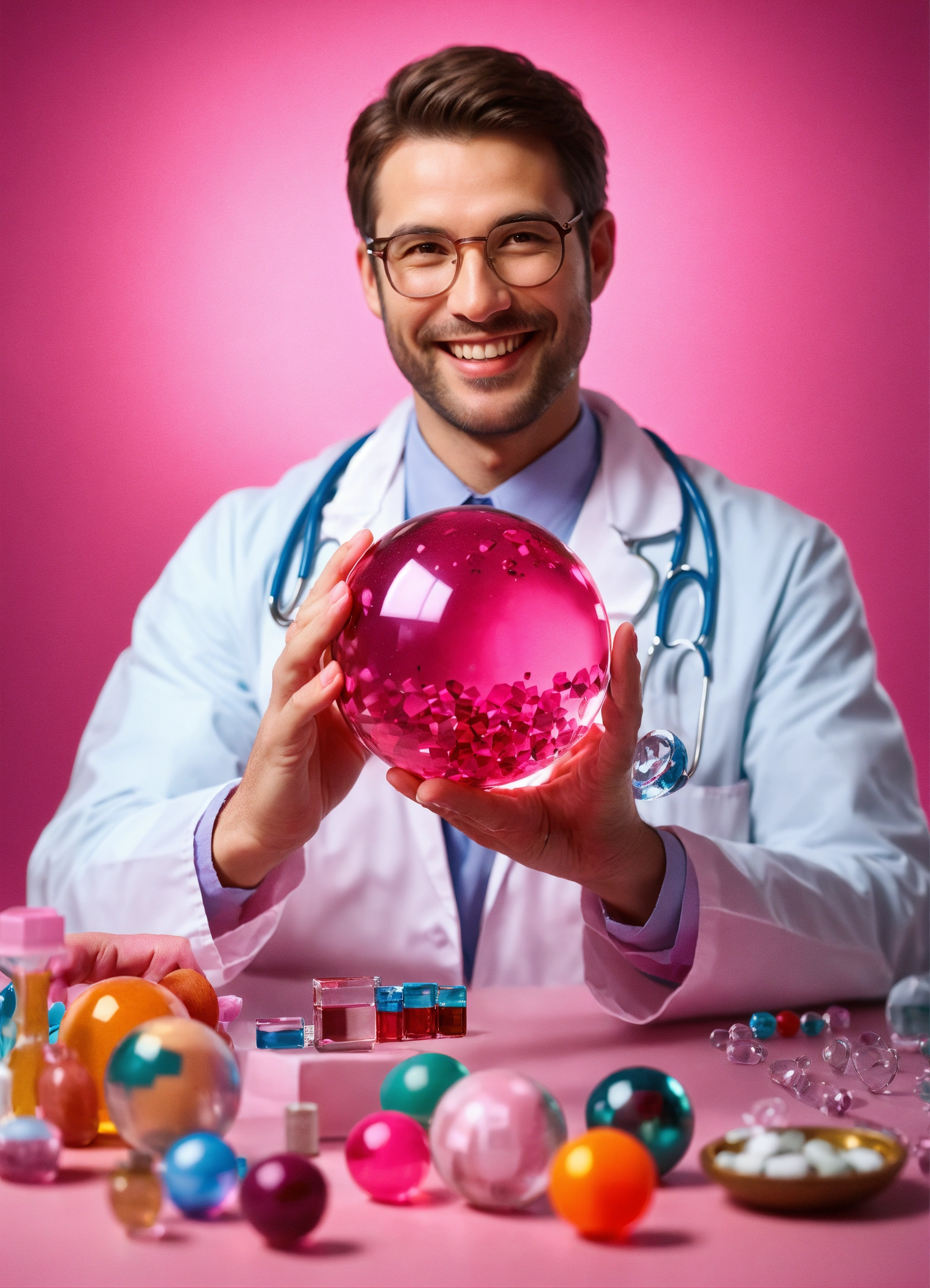 Lexica - A smiling doctor holds a pink crystal ball. Behind him is a ...