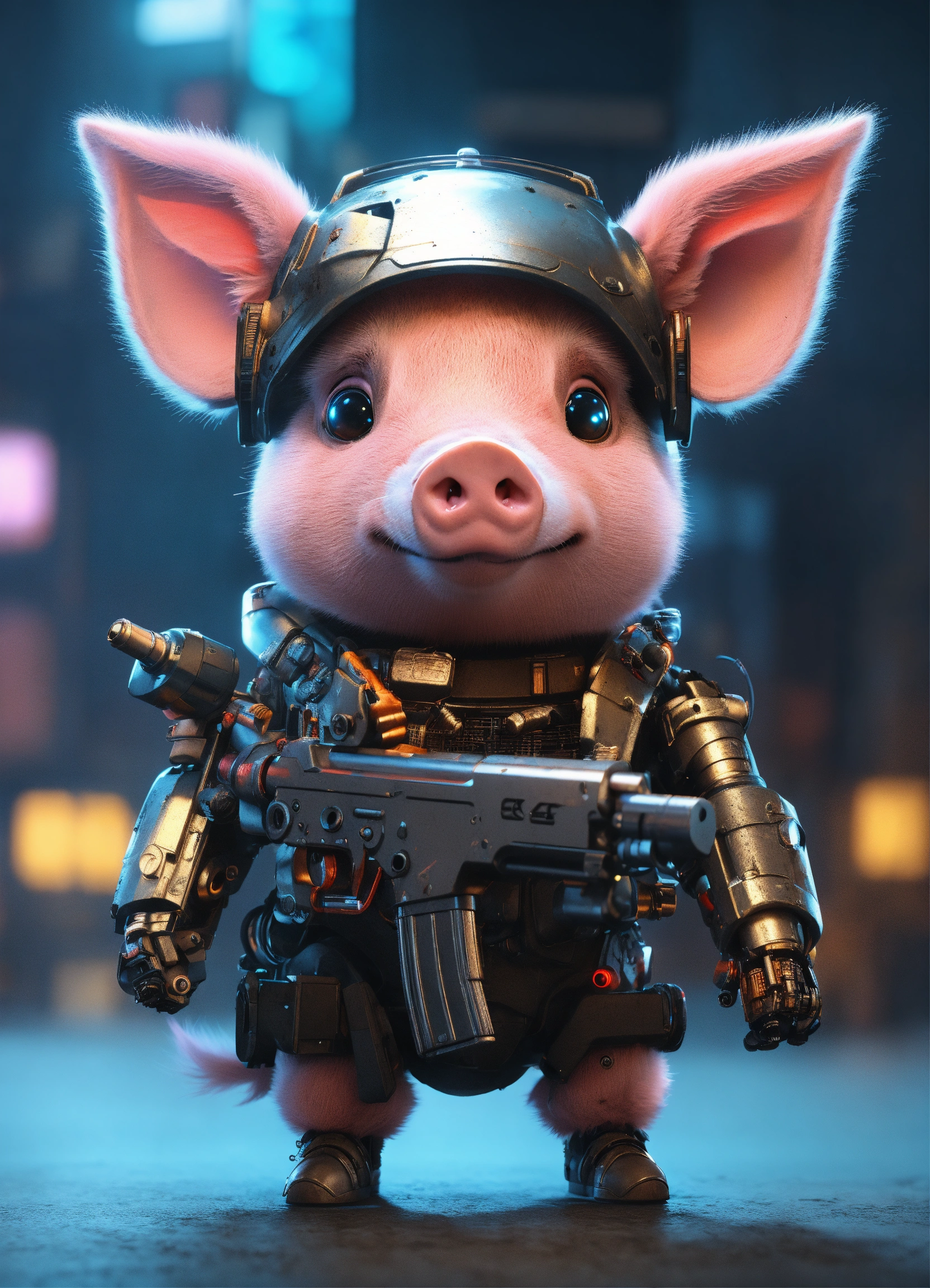 Lexica - High quality 3 d render very cute fluffy cyborg!! pig with mashinegun, cyberpunk highly ...