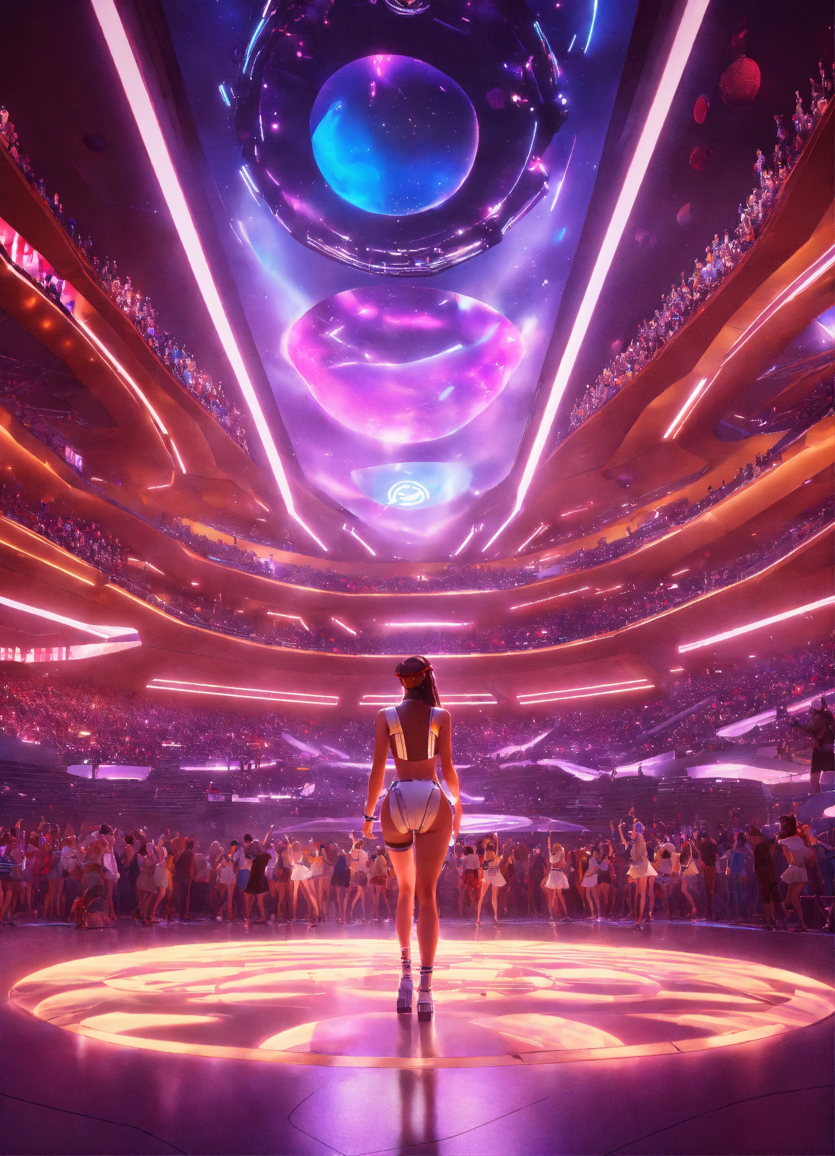 Lexica - A concert plays at a futuristic arena at a spaceport, the ...