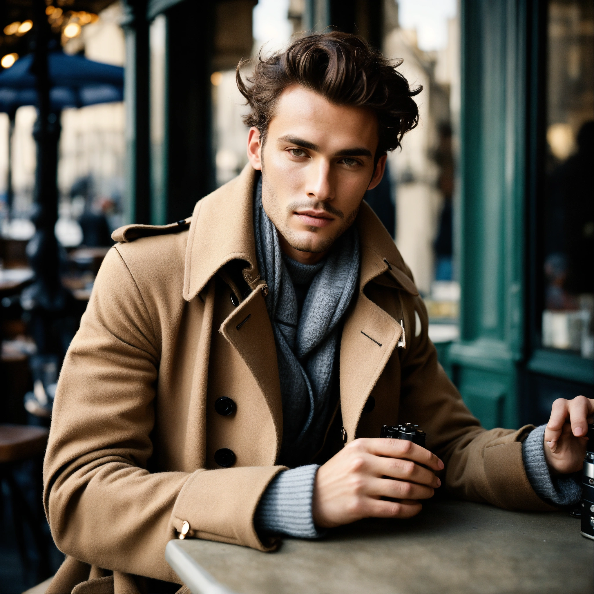 Lexica - On a Parisian café terrace, a male model with artfully tousled ...