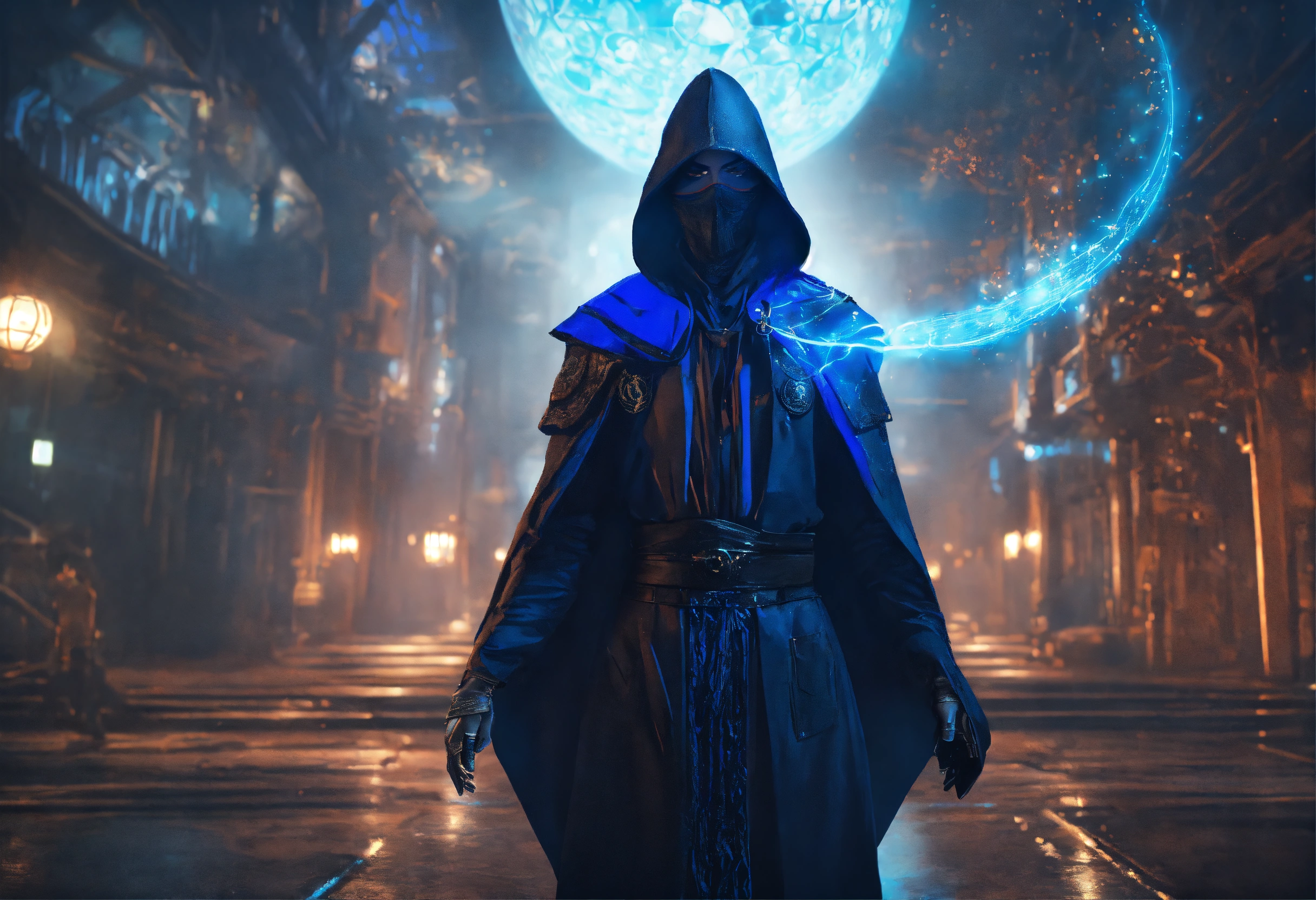 Lexica - A black and blue cloaked masked sorcerer casting a spell ...