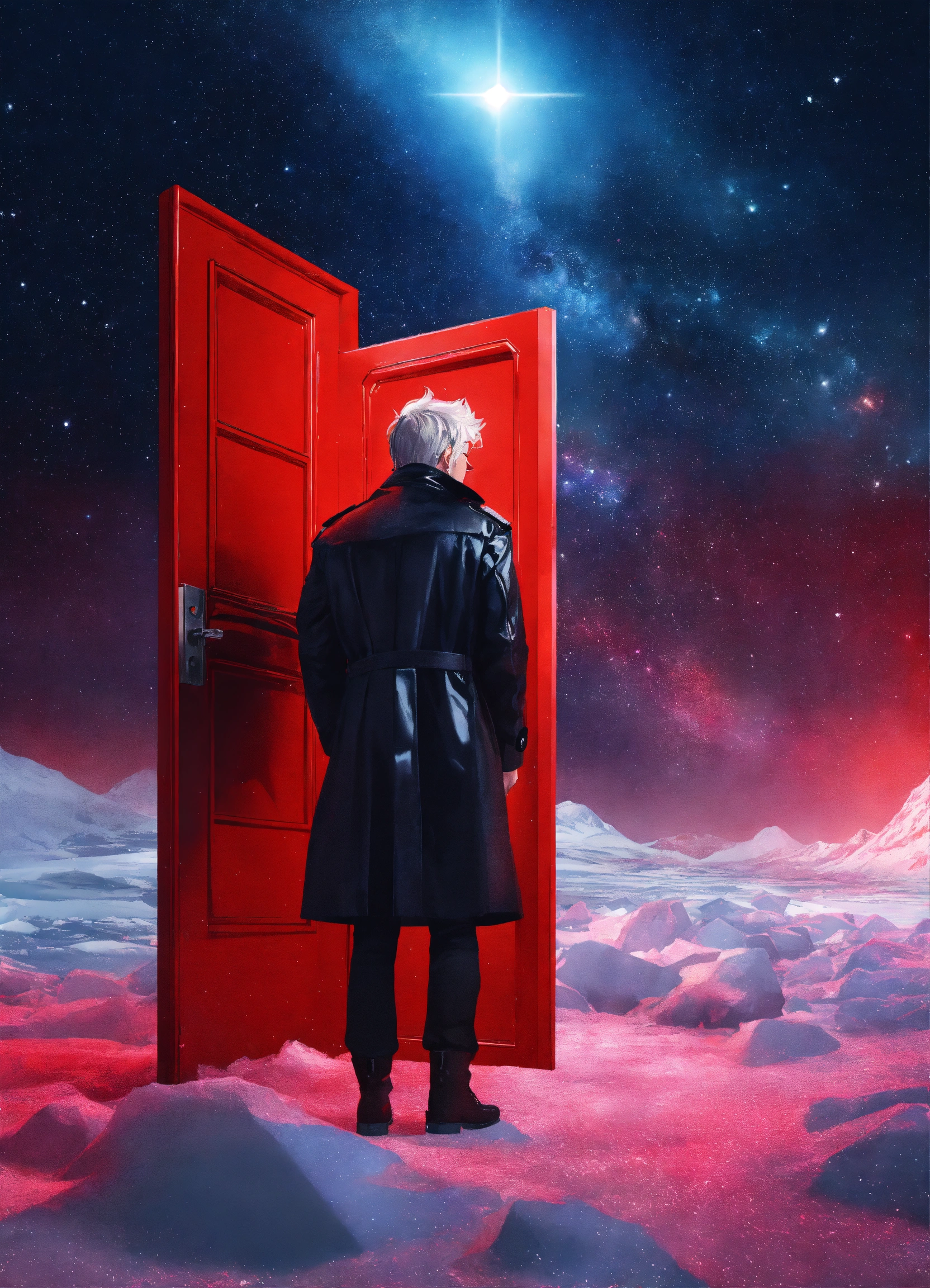 Lexica - Closed red door in center of ice space, dorway to the ...
