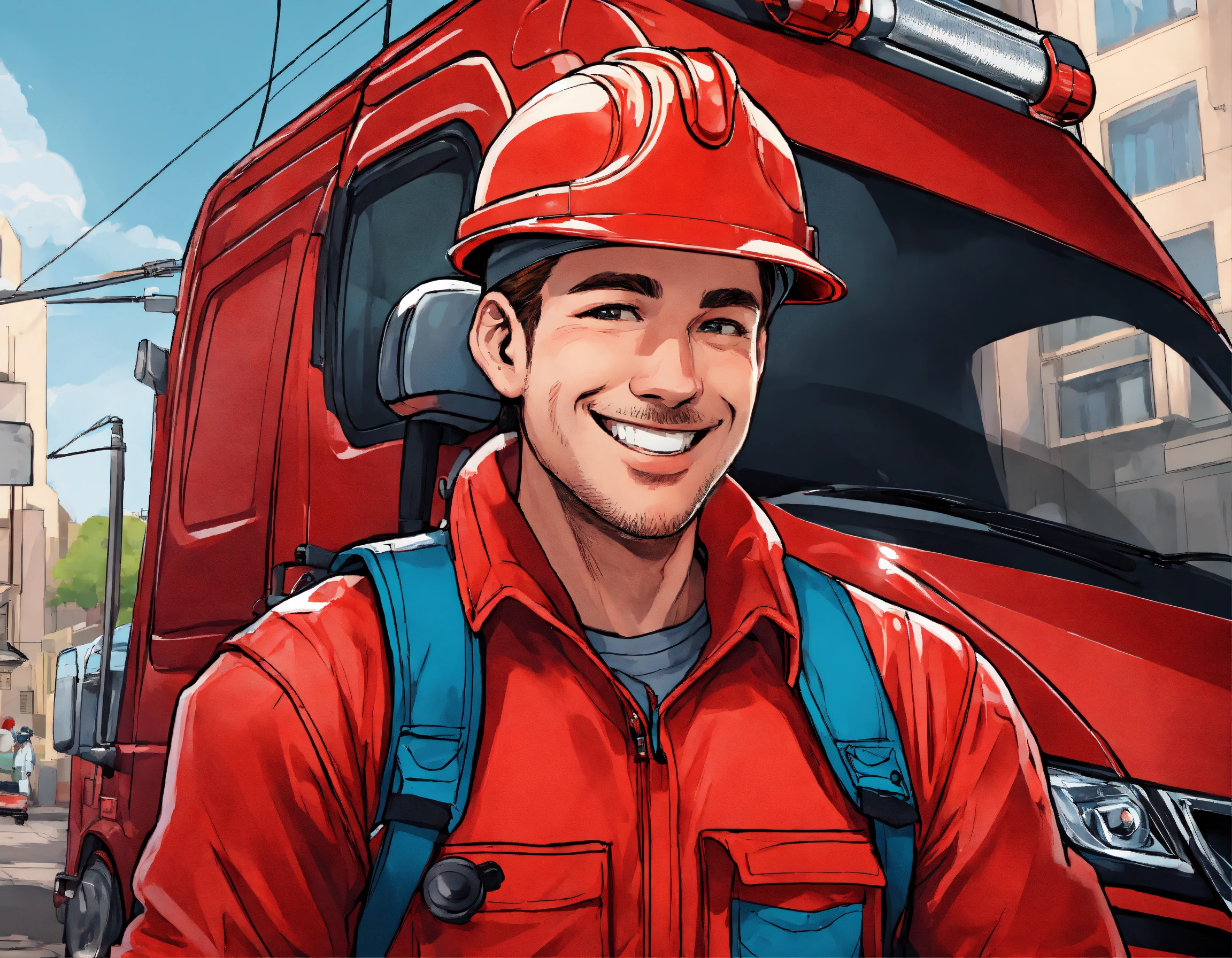 Lexica - A plumber in a red overall outfit and a red hard helm is ...