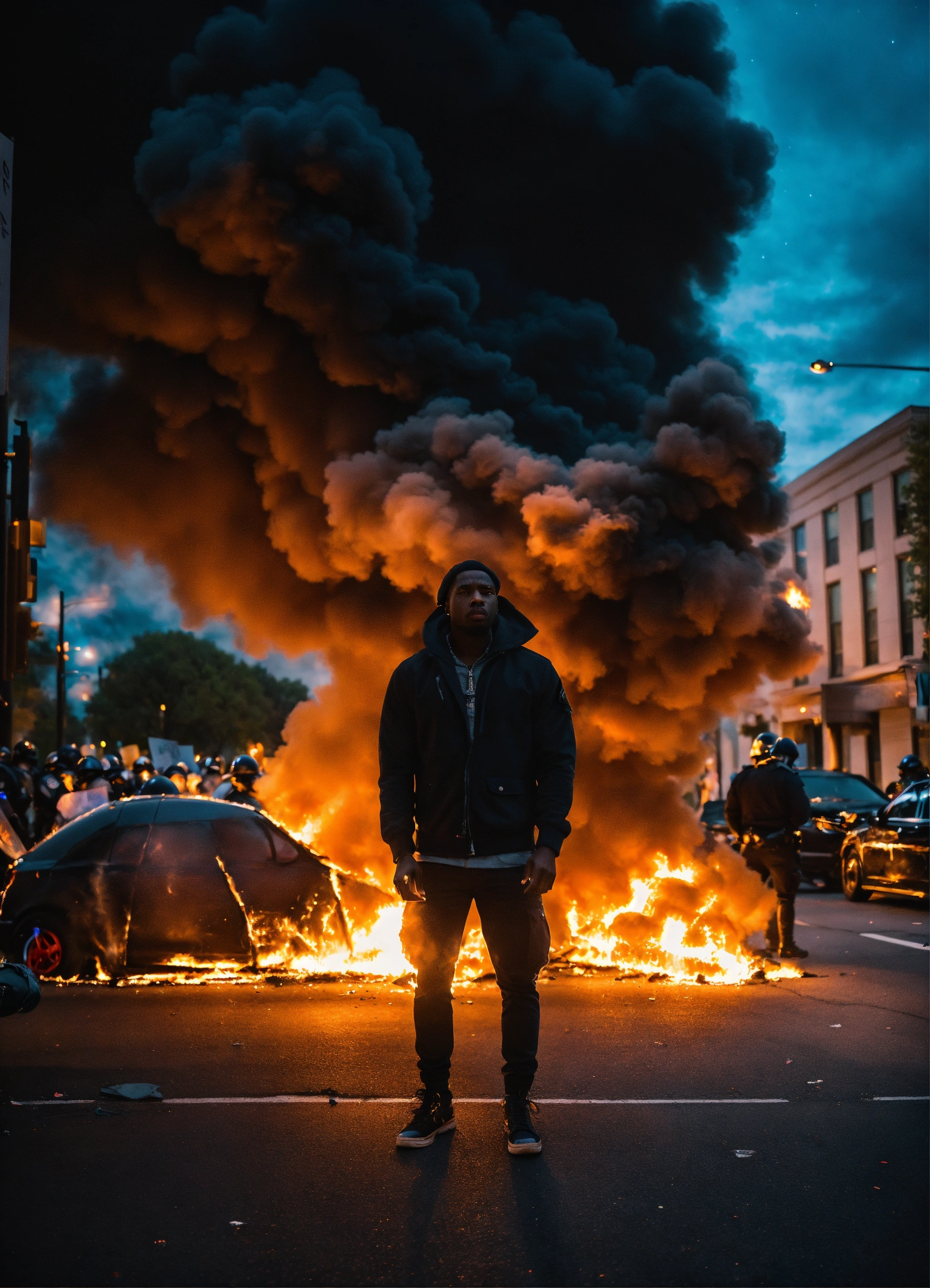 Lexica - Dark aesthetic photo, an black man amidst a chaotic street ...
