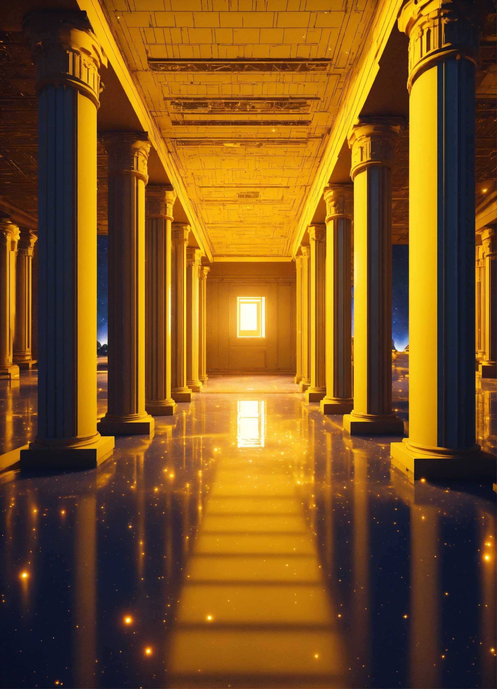 Lexica - One-point perspective, starry sky, outer space, columns, desks ...