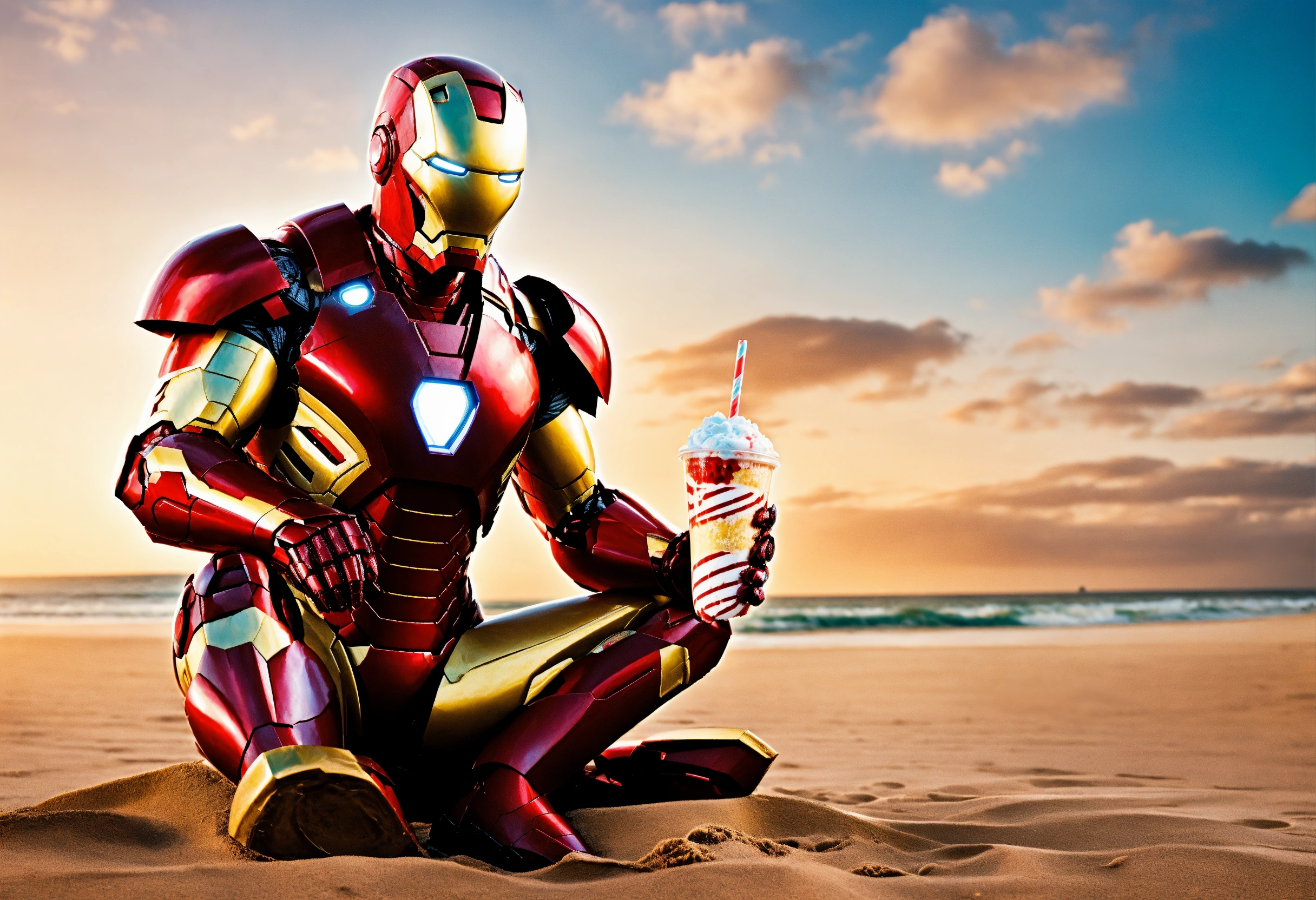 Lexica - Herói iron man, sentado na praia, comendo sorvete e milkshake 8k