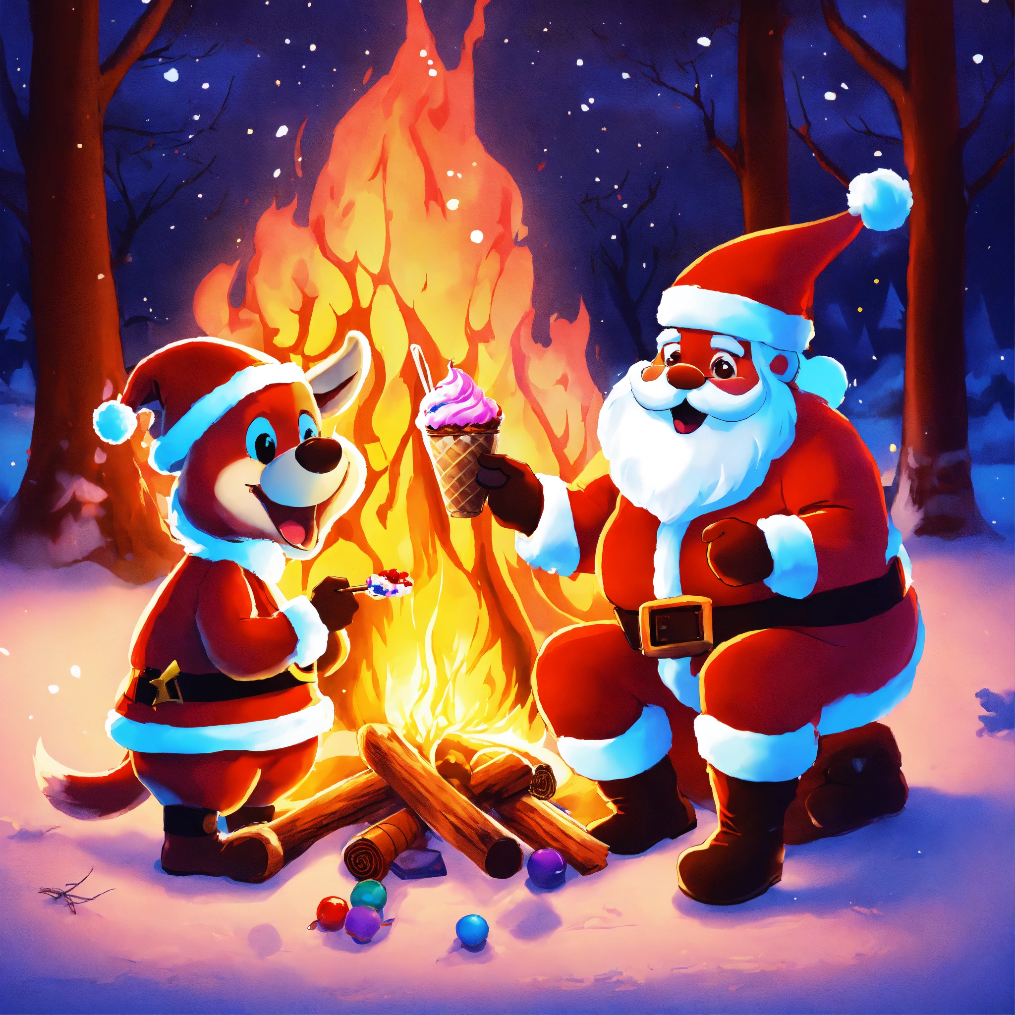 Lexica - Santa claus and rudolph eating a icecream around a bonfire ...