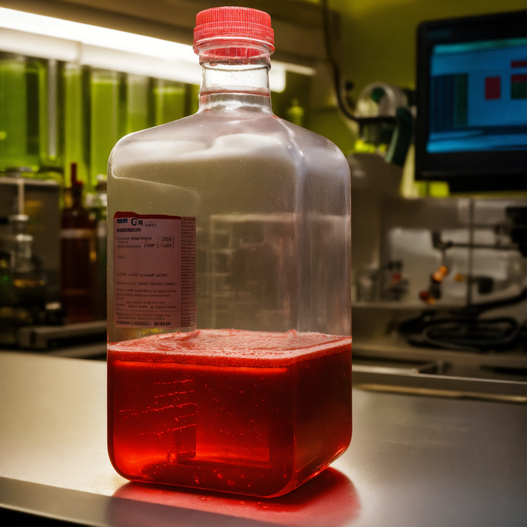 Lexica - A rectangular plastic bottle with a clear red liquid inside in ...