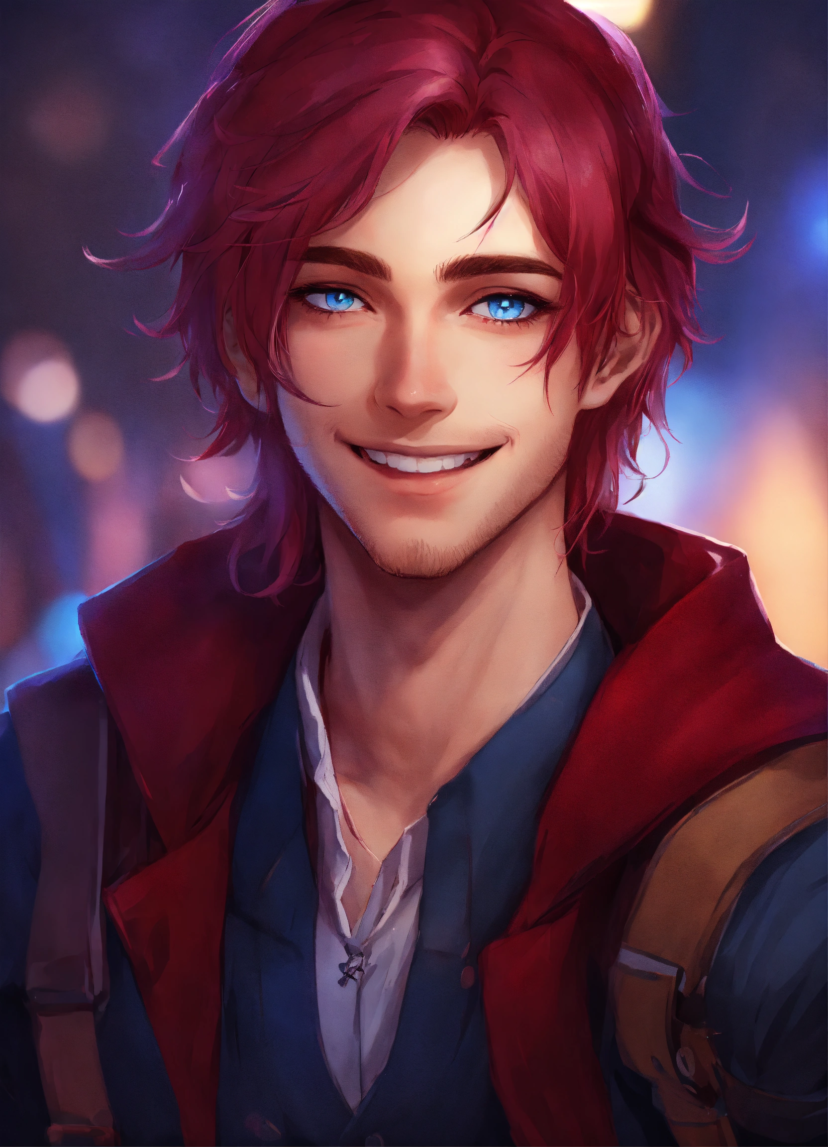 Lexica - Fae Male, maroon hair, blue eyes, smiling