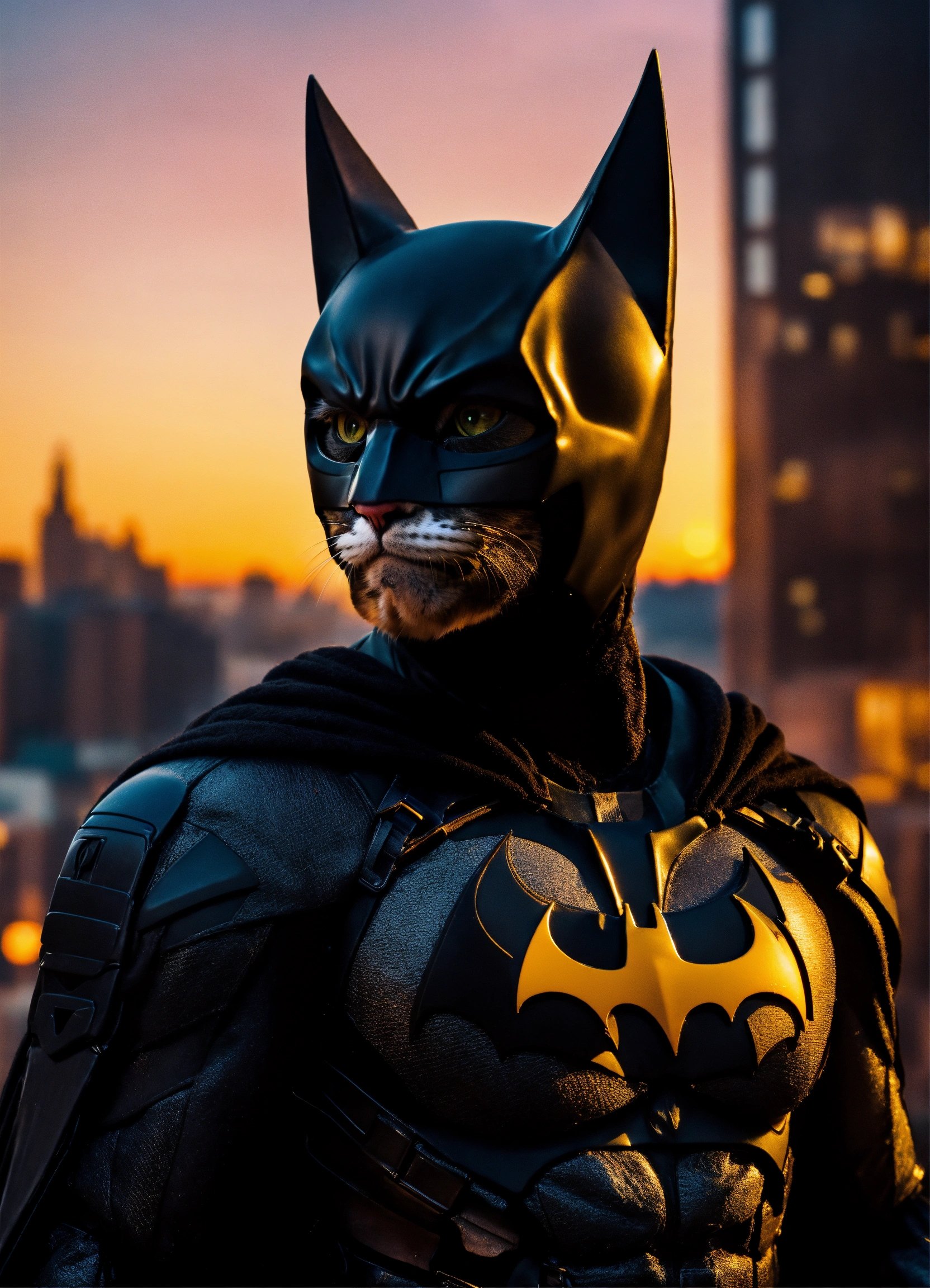 Lexica - A cat wearing a Batman suit at sunset fighting crime in New ...