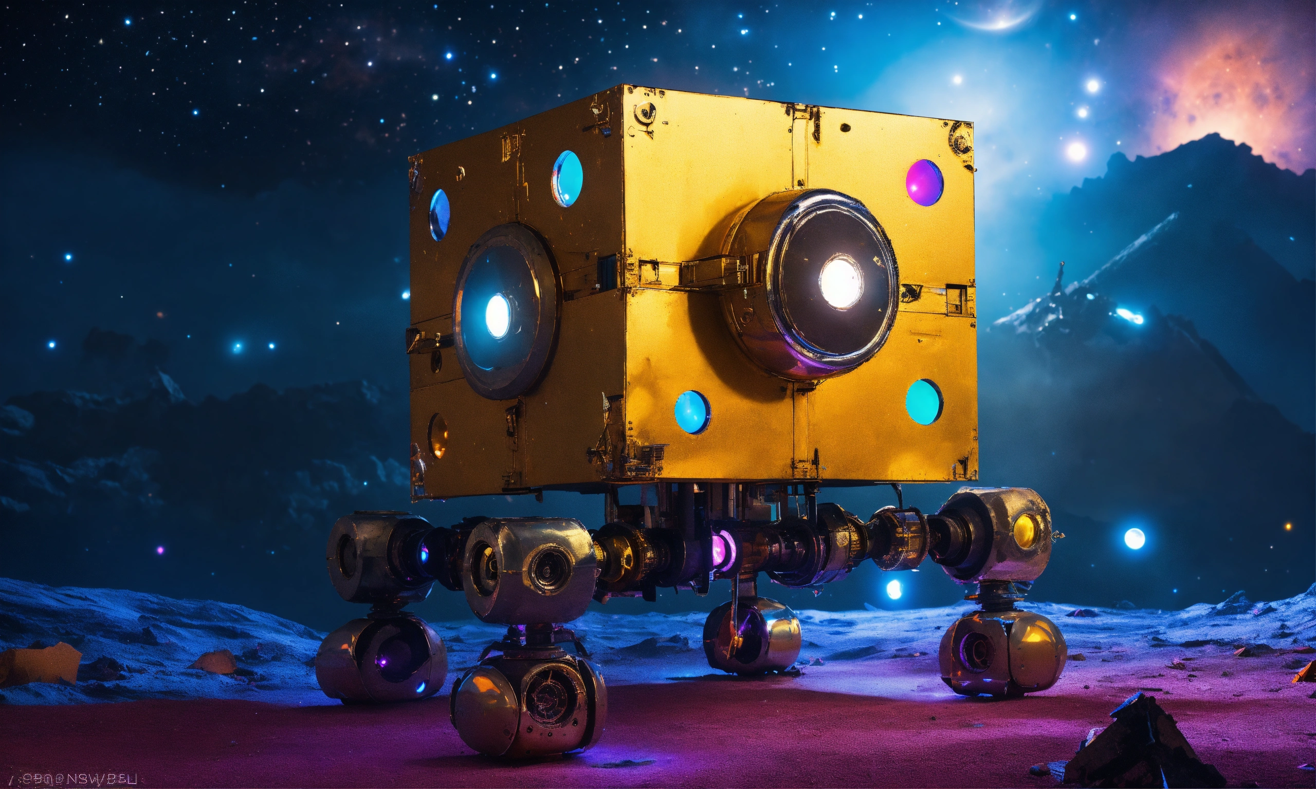 Lexica - 1' sf floating polished steel cube bot with 2 round lights on ...